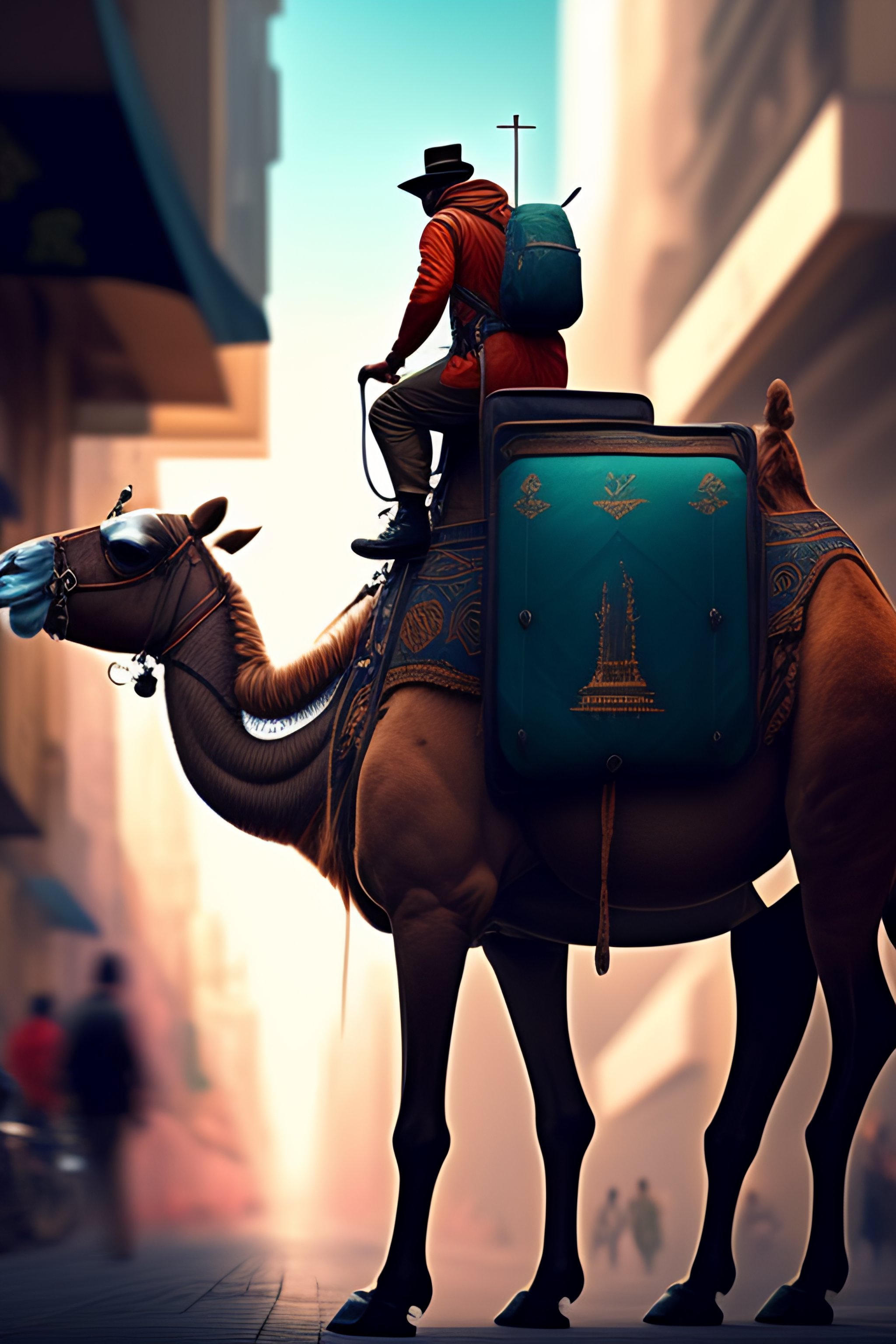 Lexica - Man riding a flying camel in a cyberpunk city