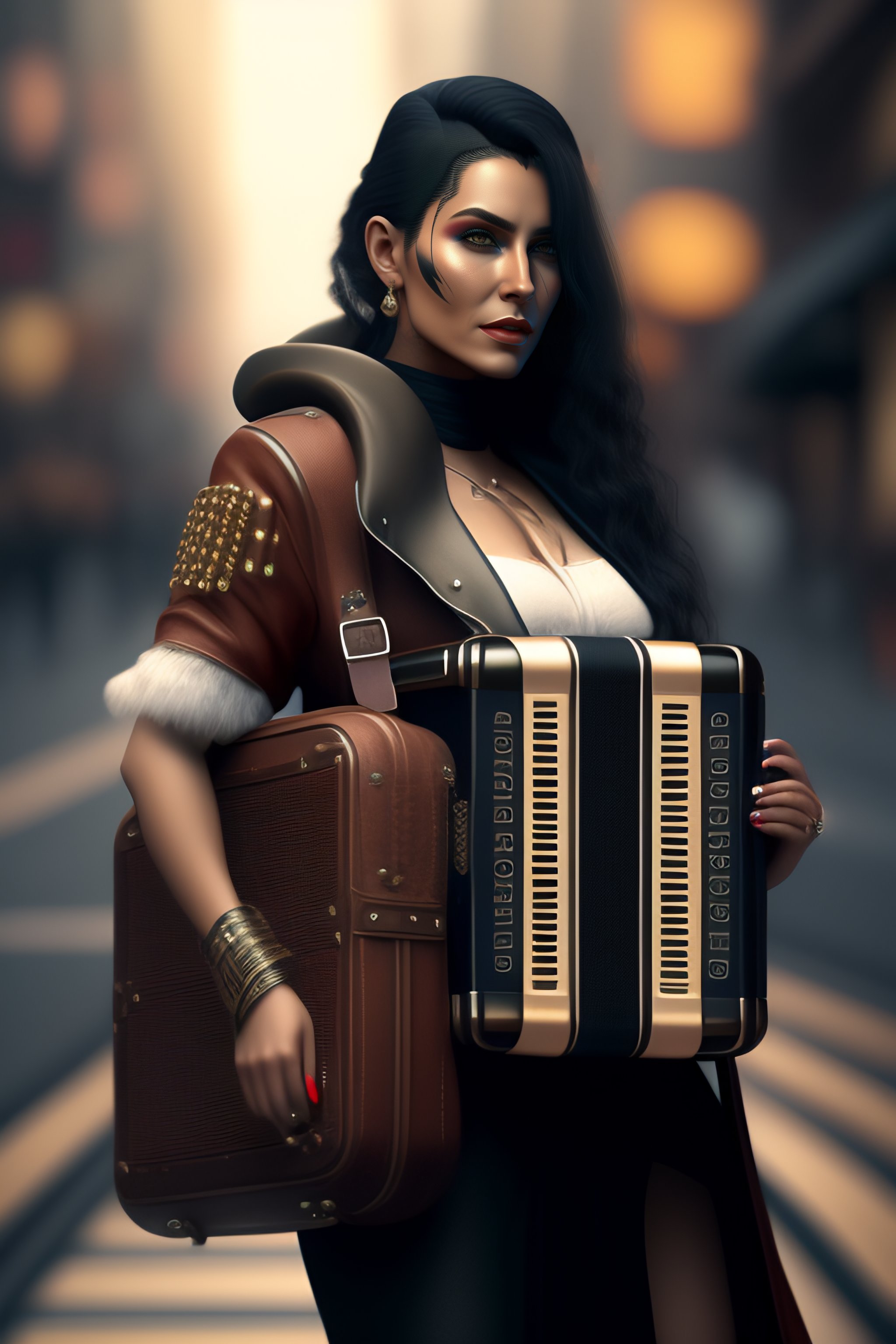 Lexica - Woman with accordion, cyberpunk, realistic 3d render