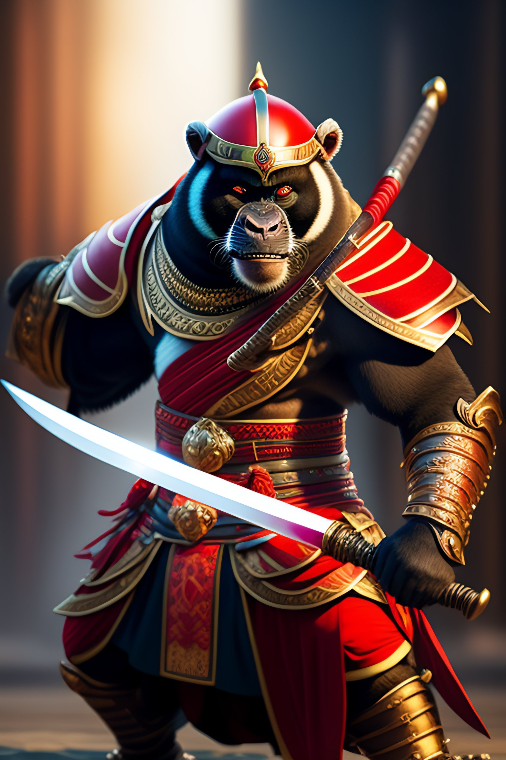 Lexica - Award-winning photo of a Mandrill samurai, red eyes, holding ...