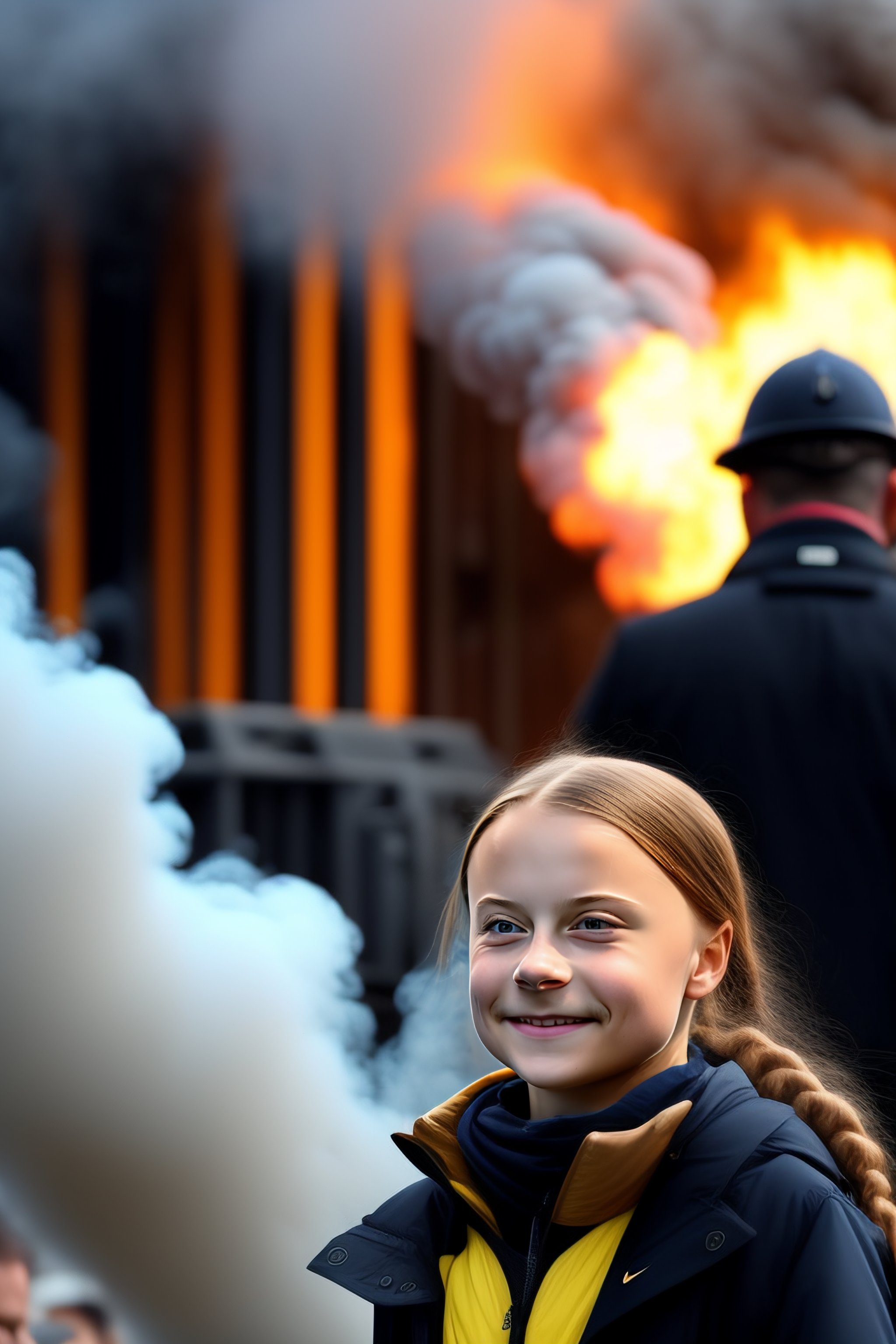 Lexica - Smiling greta thunberg with a factory with smoke