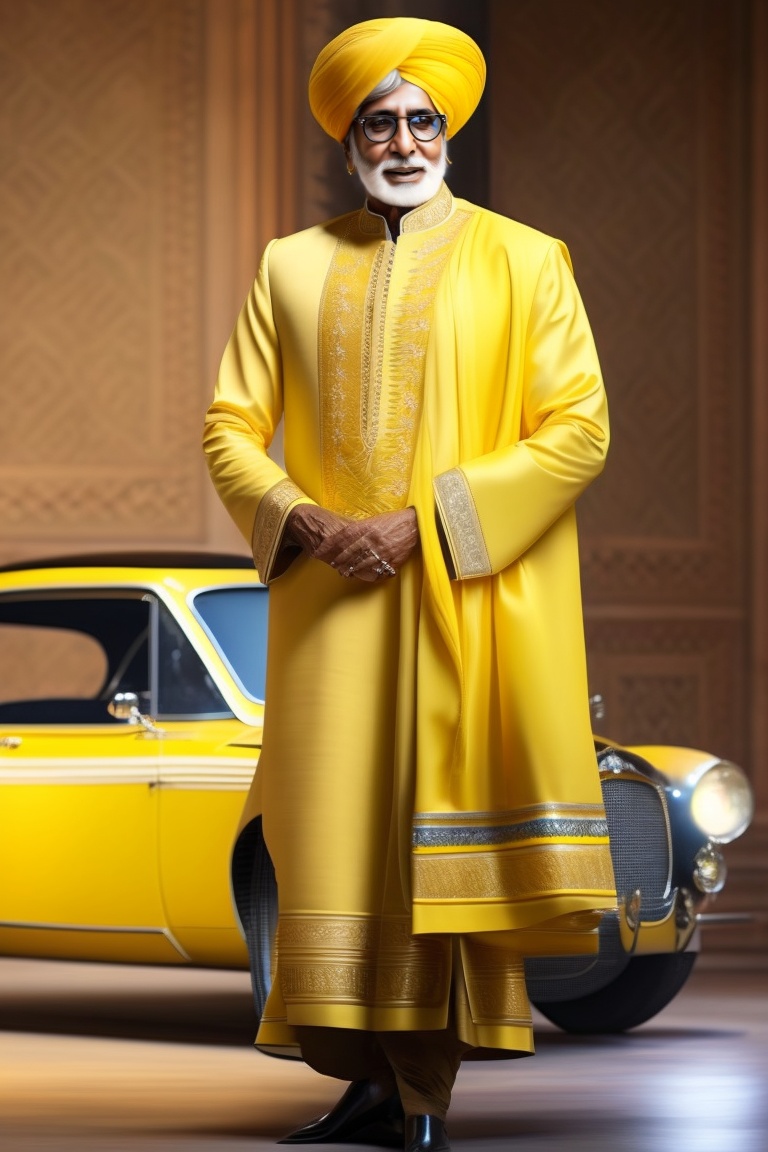 Lexica - Amitabh Bachchan , Arabic yellow clothes, ultra shine clothes