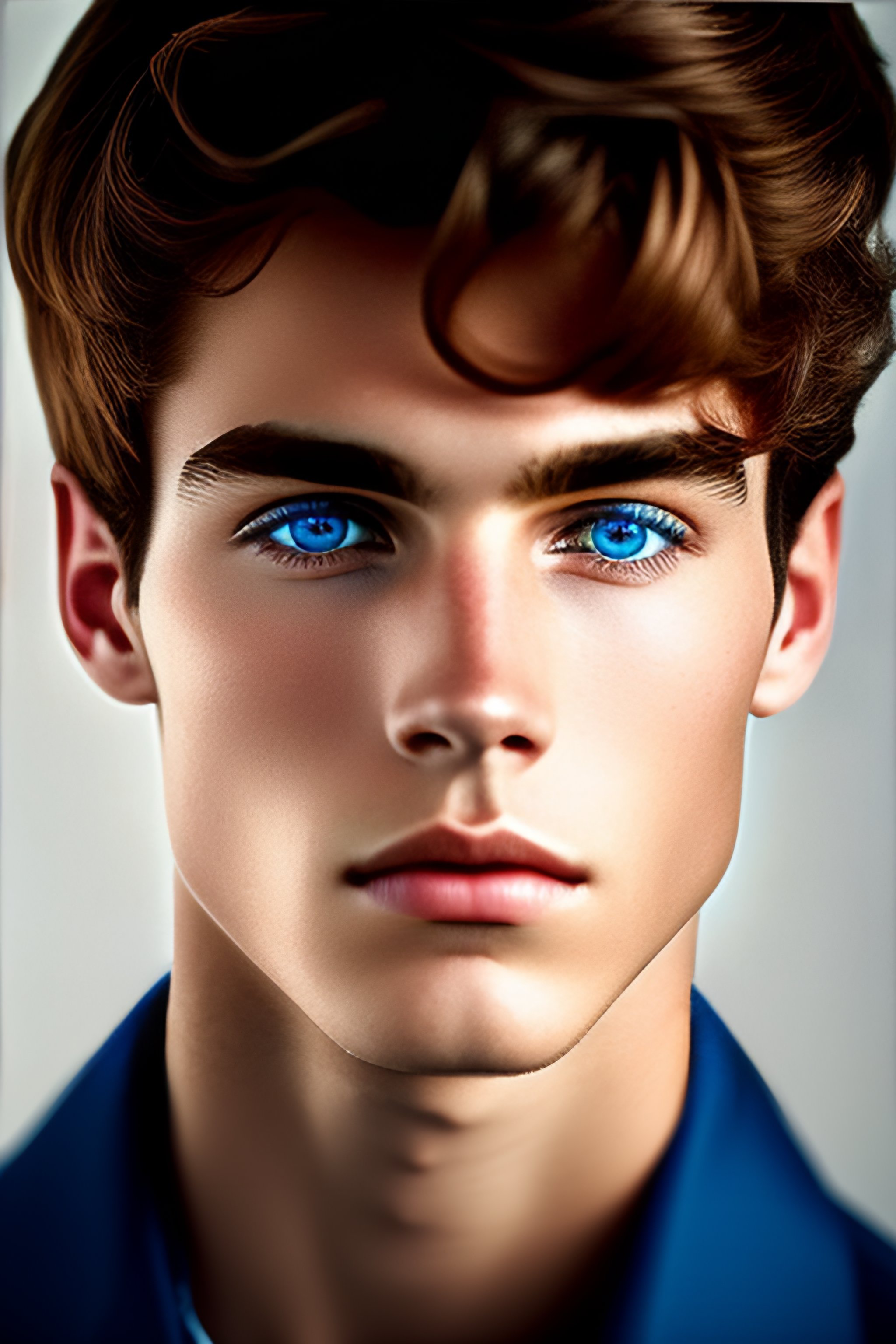 Lexica - Close-up photo of a 18 years old man wth brown hair and blue eyes.