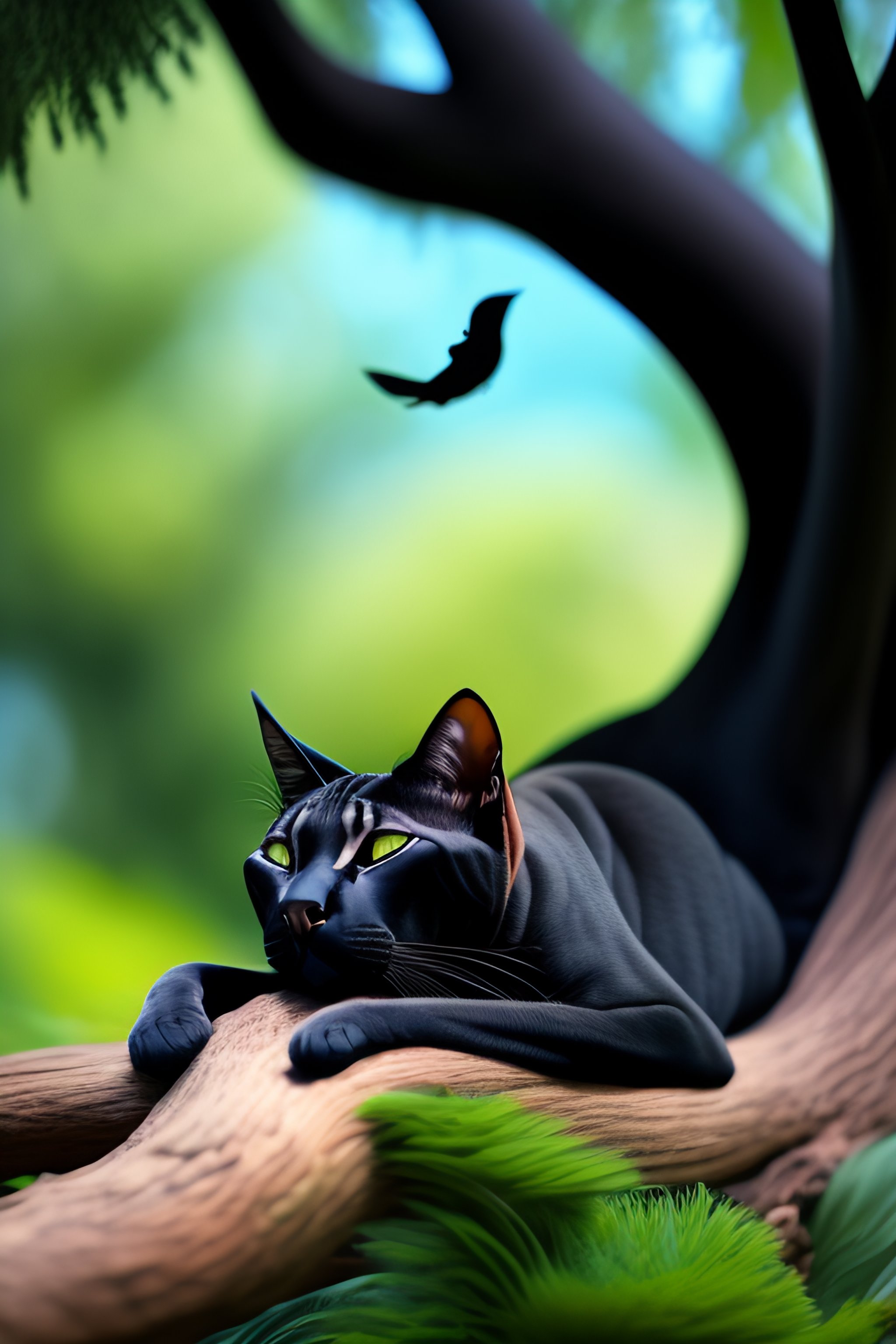 Lexica - Wide angle view from a distance of a black sphinx cat sleeping ...