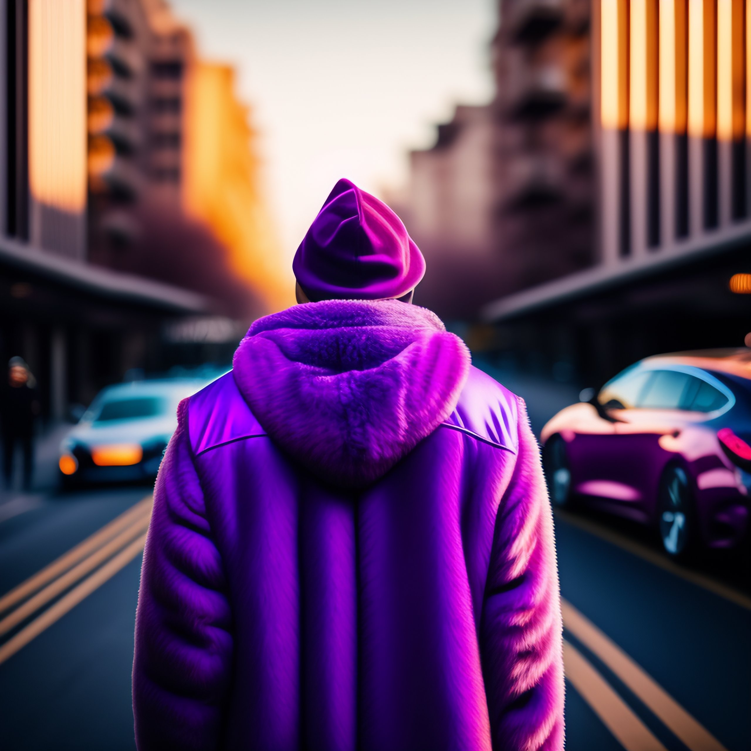 Lexica - Rapper car with a purple fur coat on, seen from behind