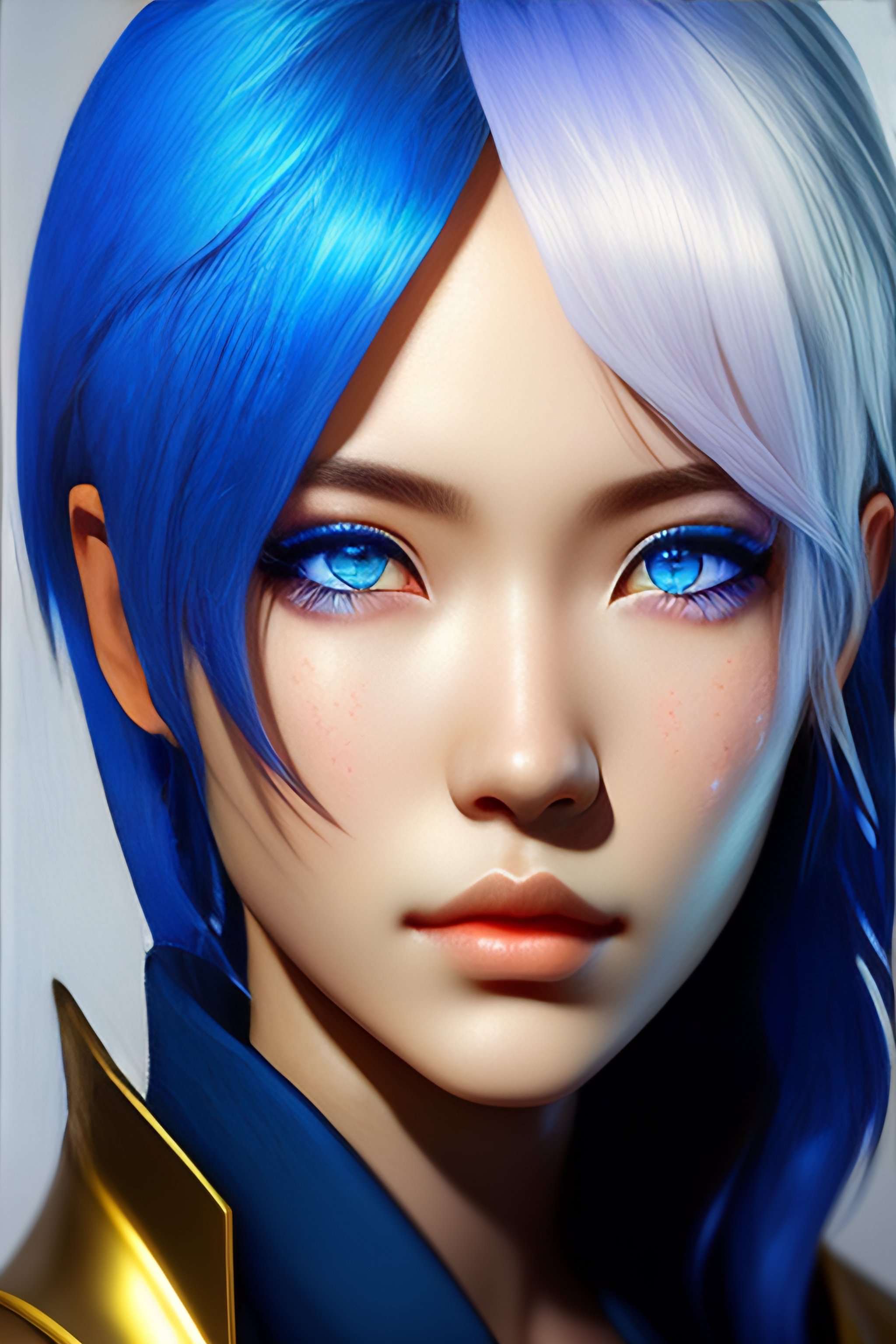Lexica - Portrait of an anime character hyper realistic blue hair gold eyes