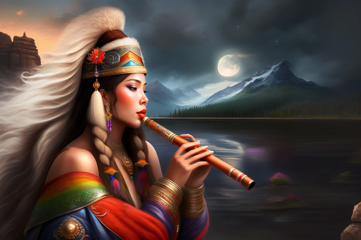 Lexica - Beautiful woman, fantasy, like a native flute player