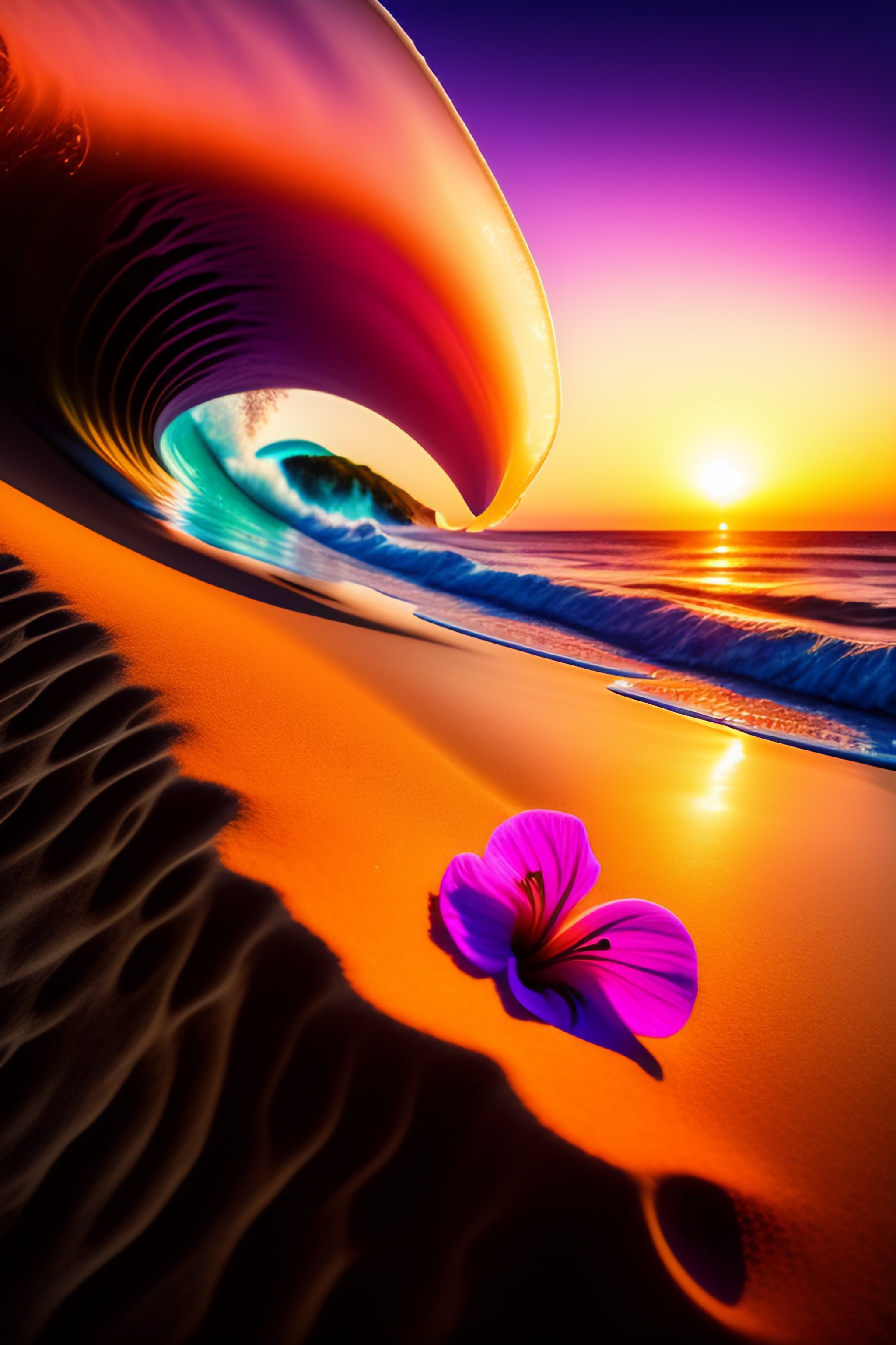 Lexica - Surfboard, hibiscus flower in the sand, waves, california ...