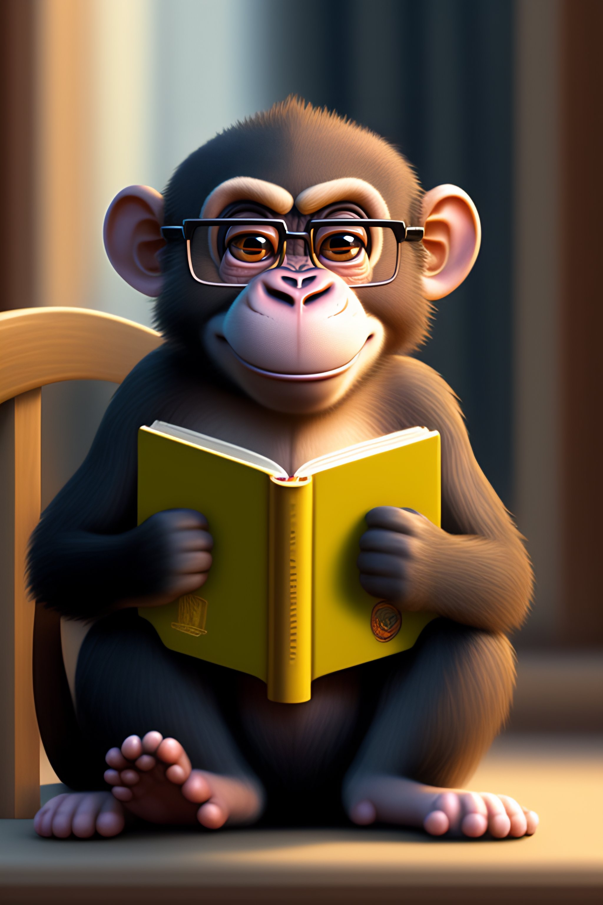 Lexica - Pixar art of a funny smiling monkey reading a book with glasses