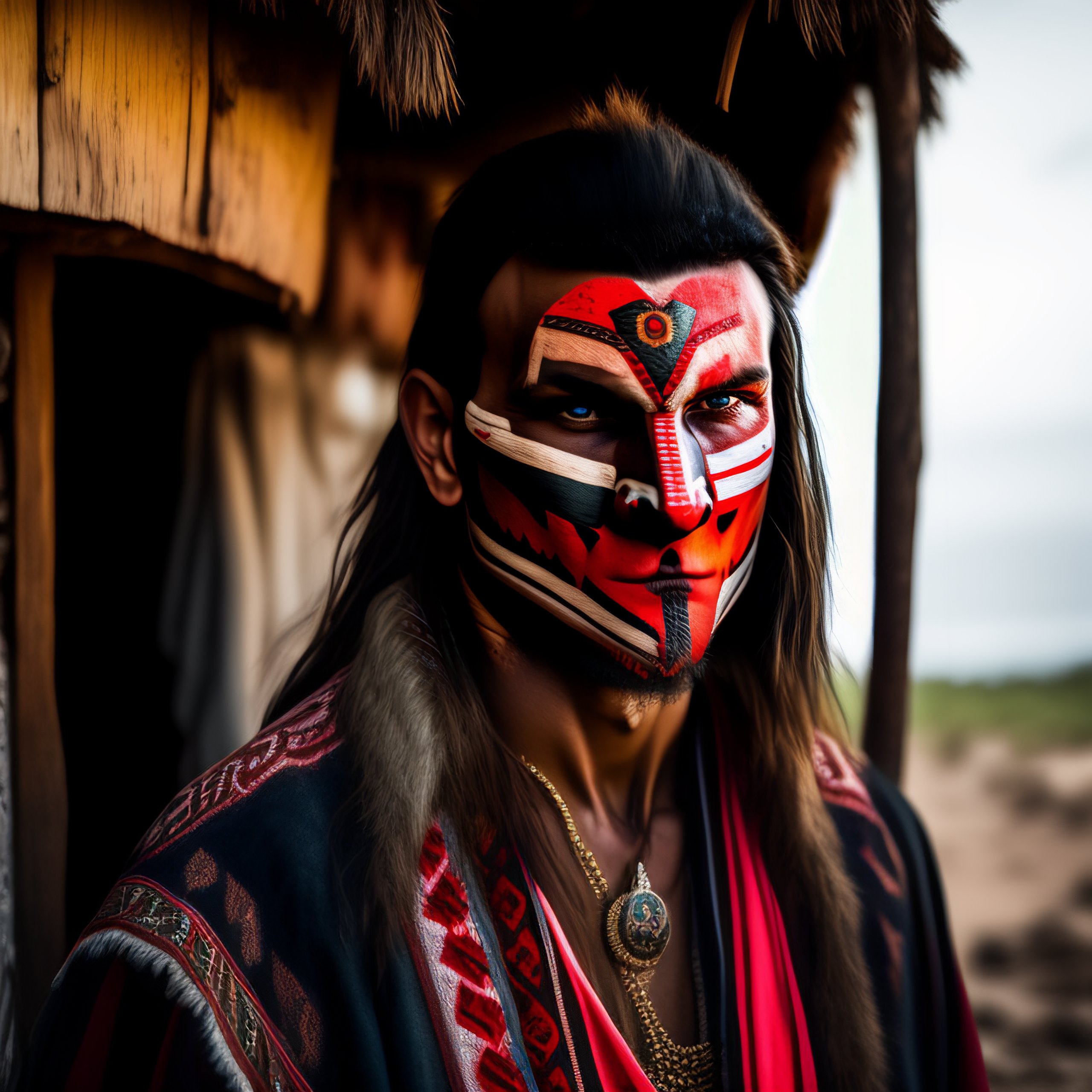 Lexica - Wide angle Environmental shot of slavic man in a tribal mask ...