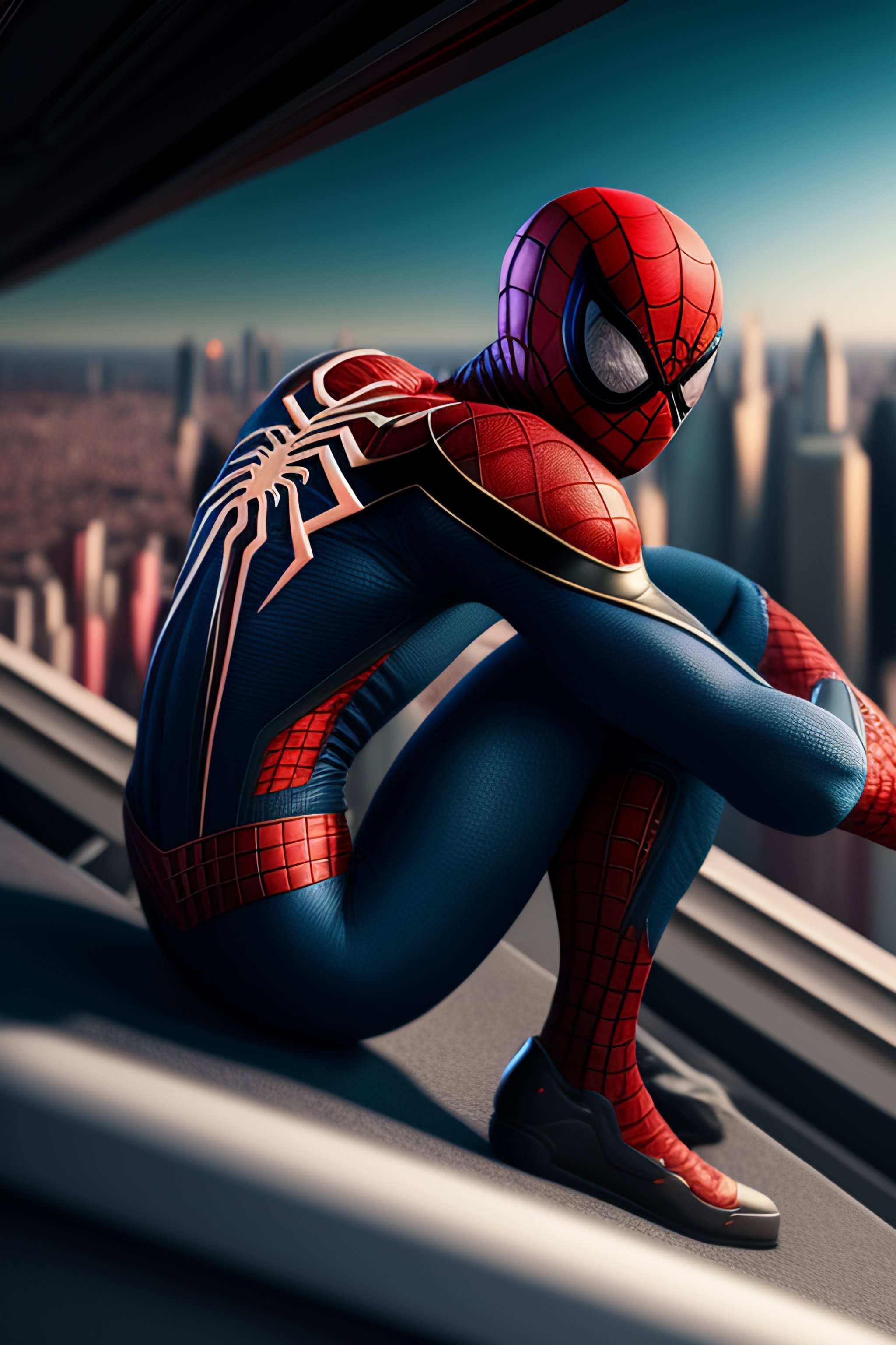 Lexica - “ spider man sitting on a roof looking down at a city below ...