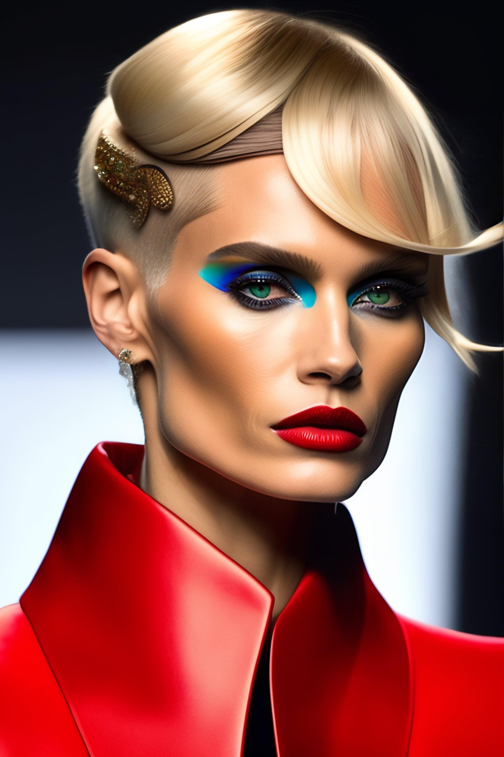 Lexica - A realistic woman in her 40s, eccentric look with blond hair ...