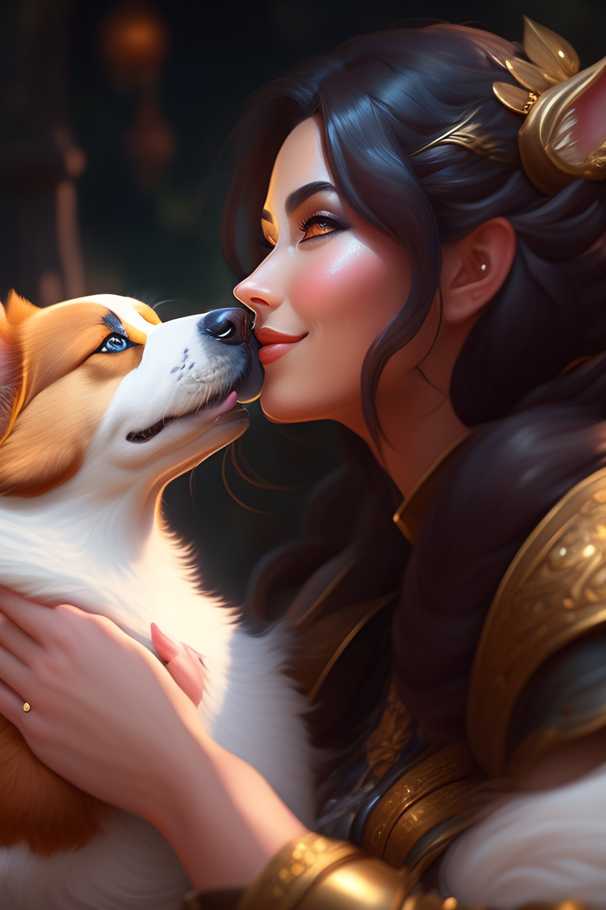 Lexica - A detailed picture of a cute calm Ahri flirting with dog ...