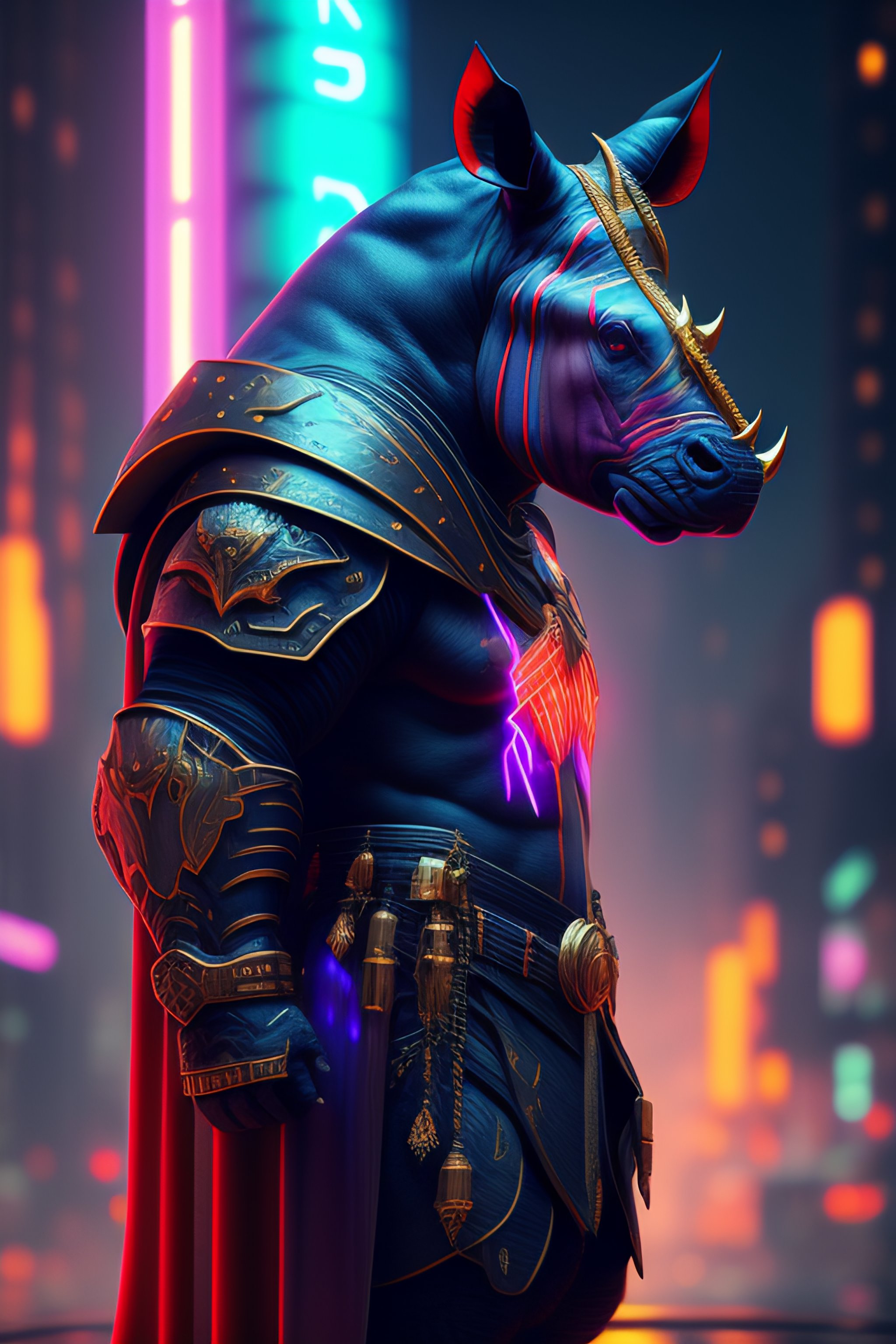 Lexica - Cyberpunk rhino, with a halberd in his hands wetlook, abstract ...
