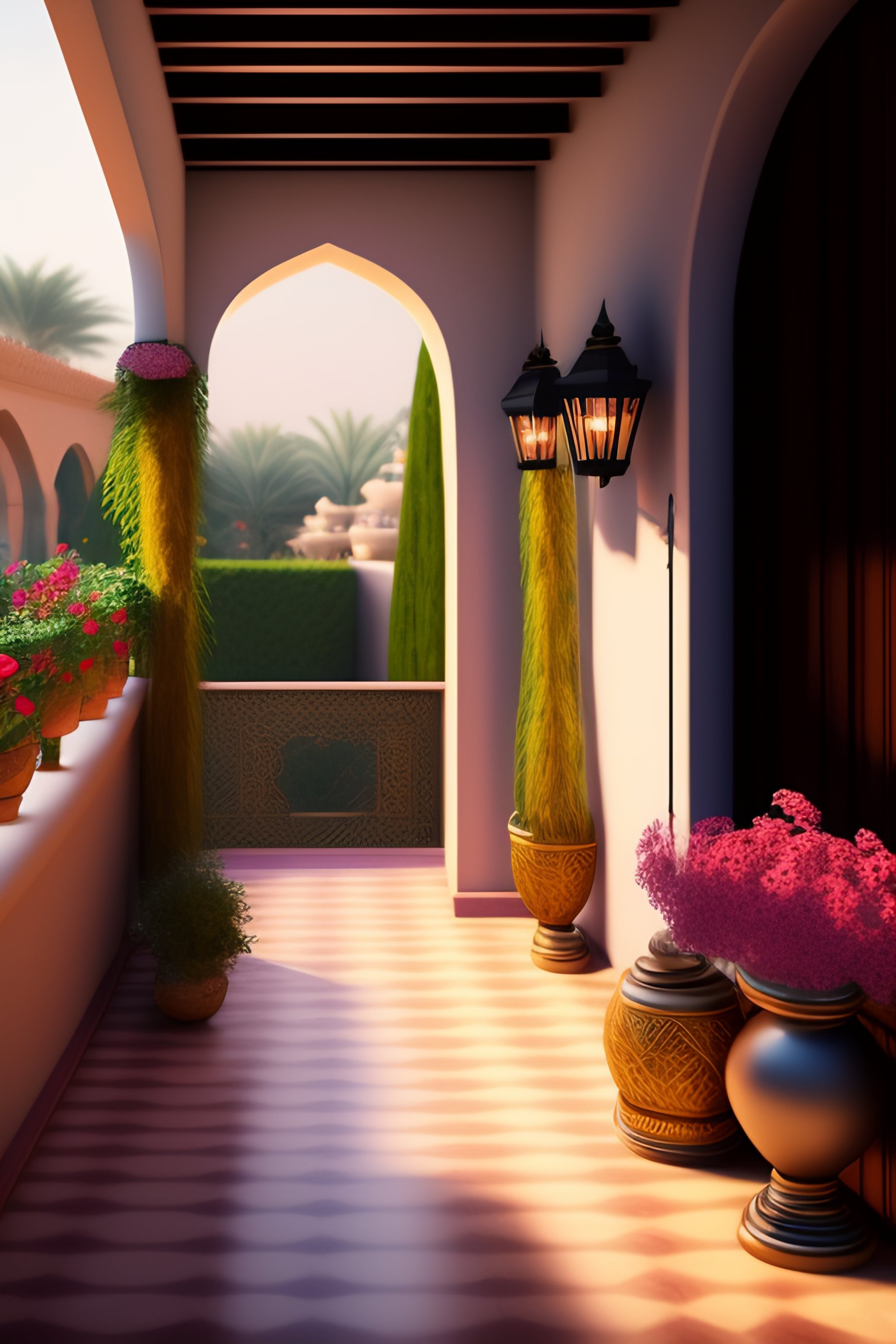 Lexica - An arabian alley with romantic floral balcony