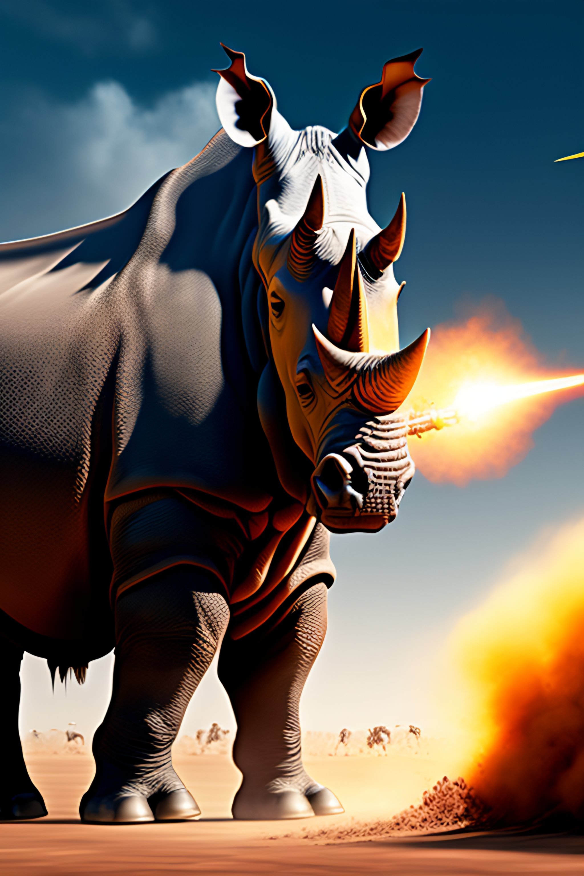 Lexica - A rhino wielding a rocket-launcher from a video game.