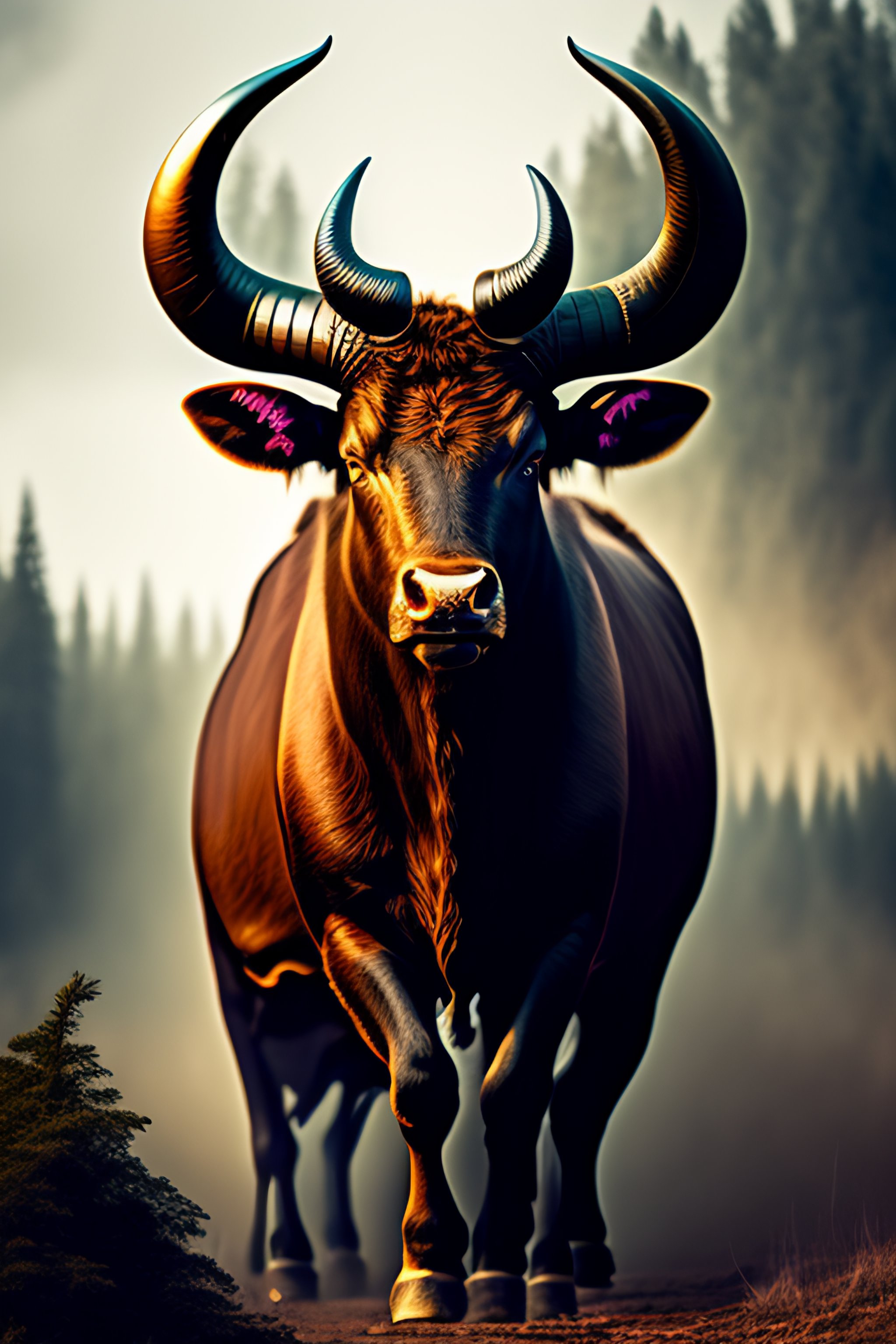 Lexica - Devil with bull big horns in armor fire in forest