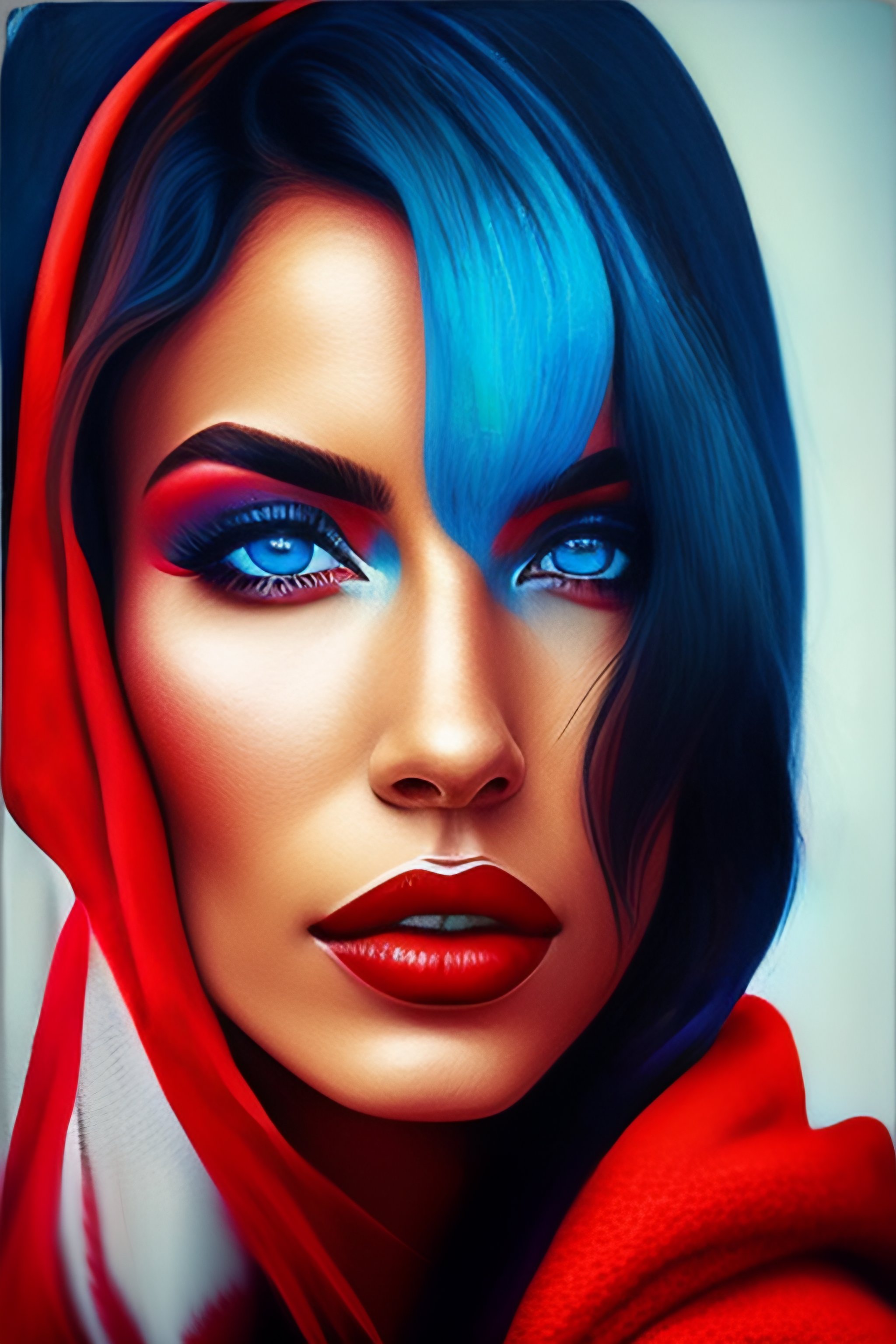 Lexica - Femme peau bleue aux grands yeux rouges carmin