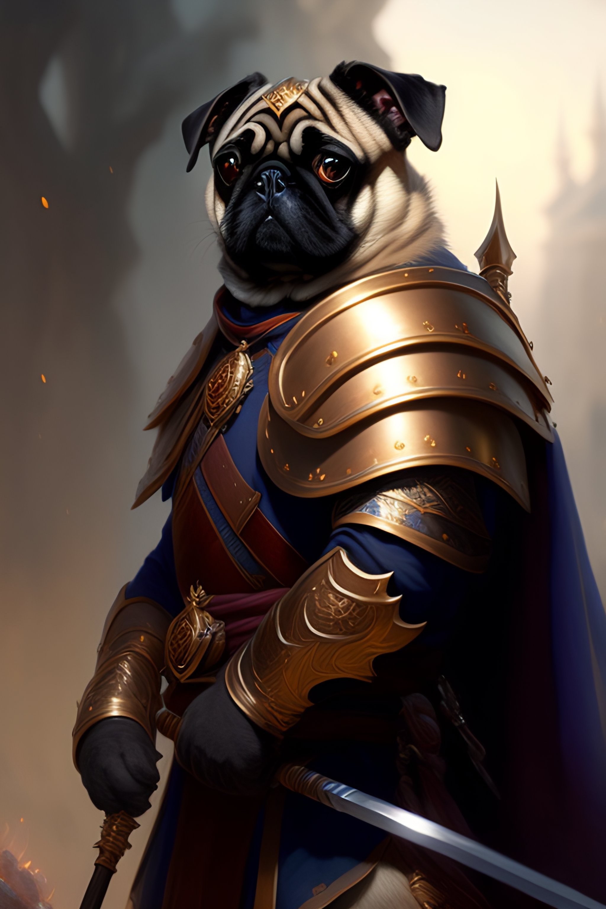 Lexica - A detailed portrait of pug in armor with long magic staff ...