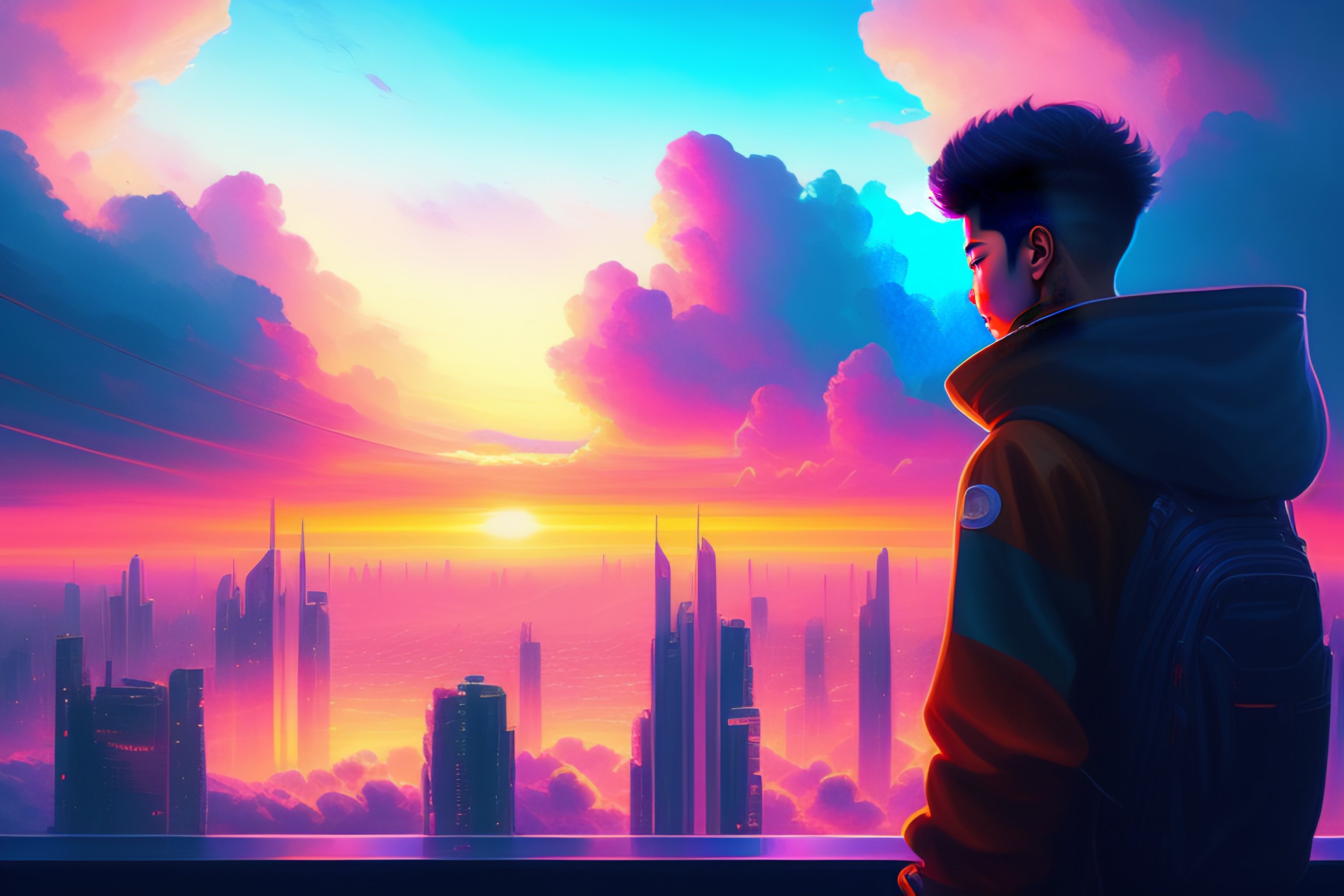 Lexica - A painting of a young man on top of a building watching a ...