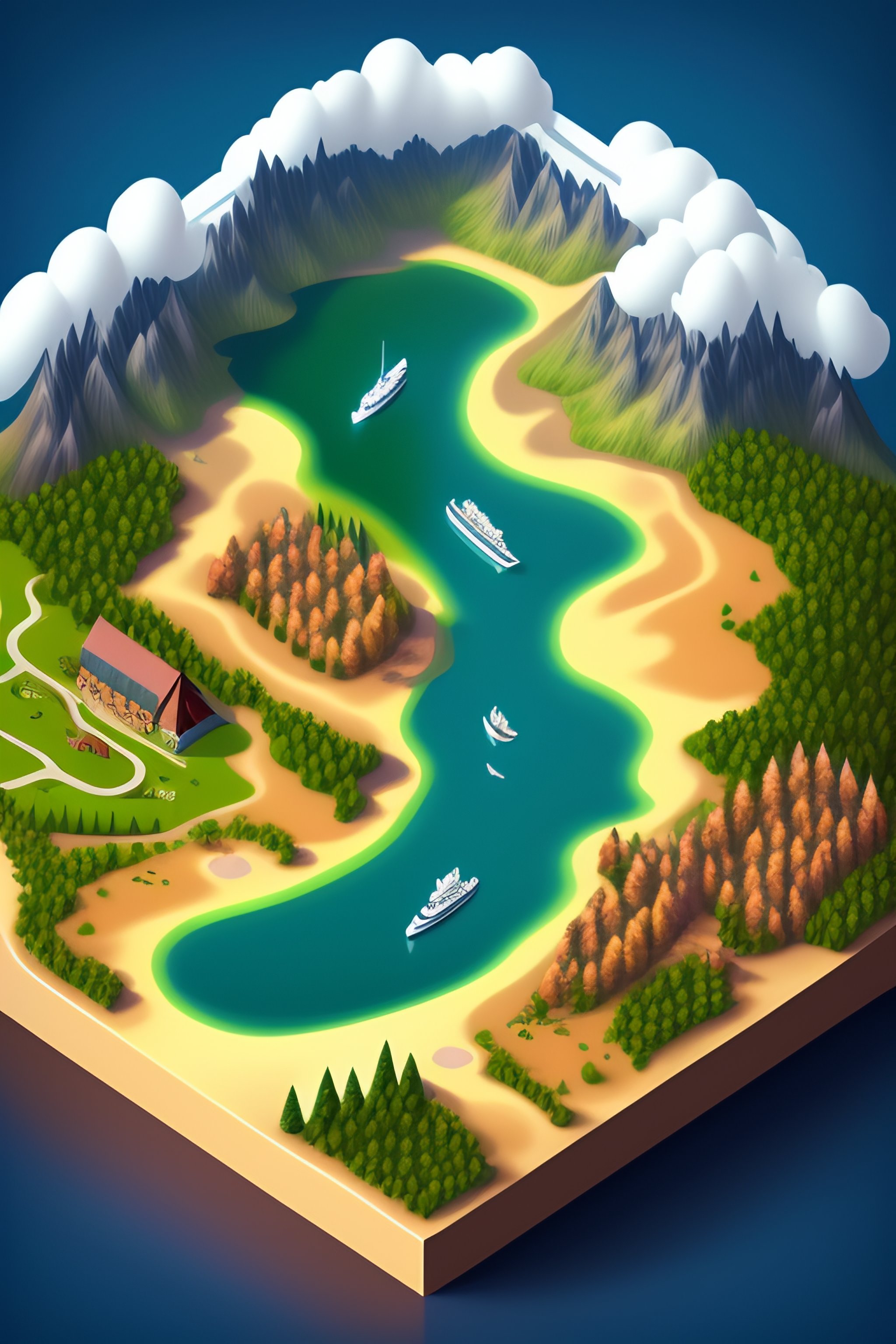 Lexica - Aerial map of country with river , isometric