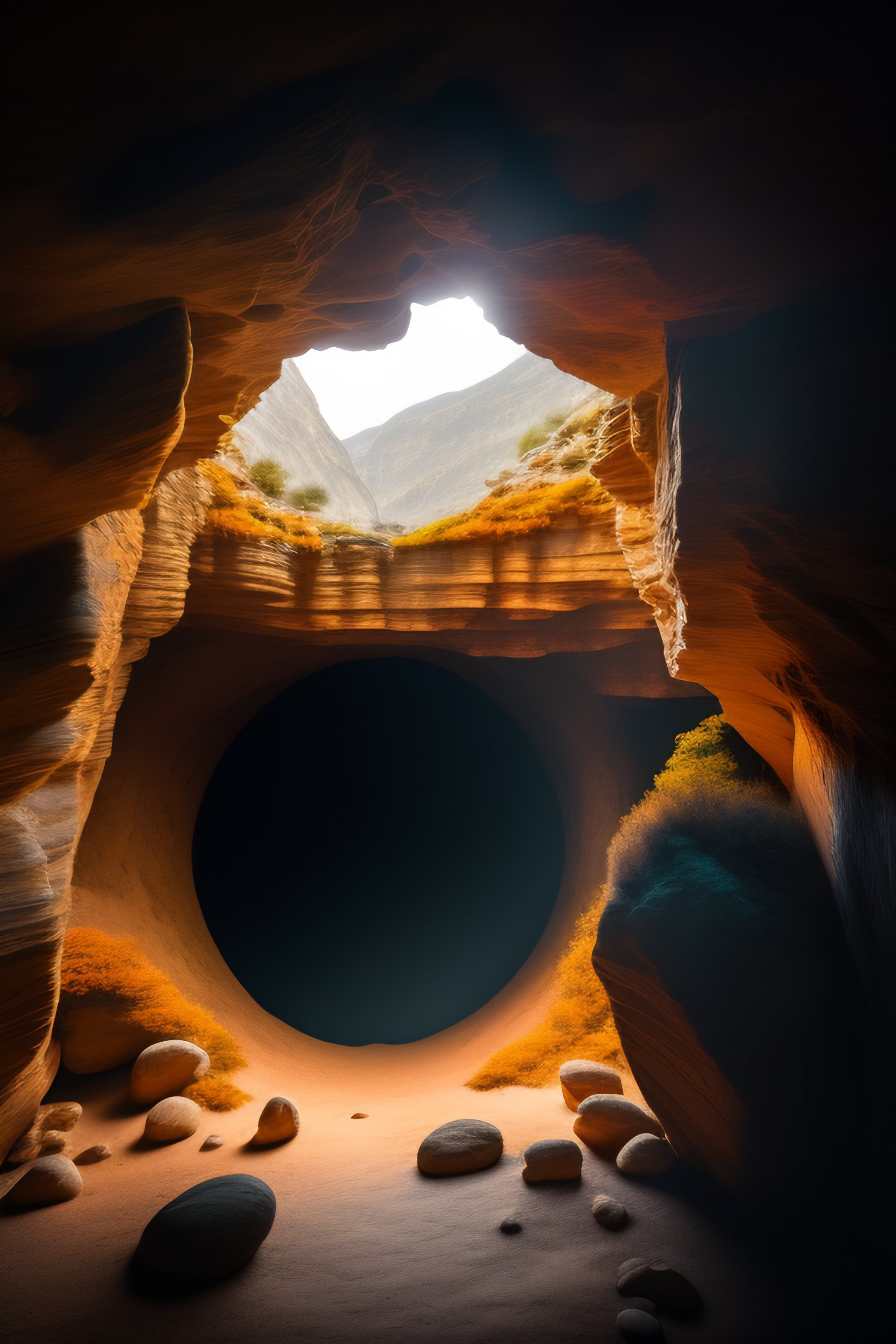 Lexica - A bottomless hole in a cave with lots of runes on the rocks ...