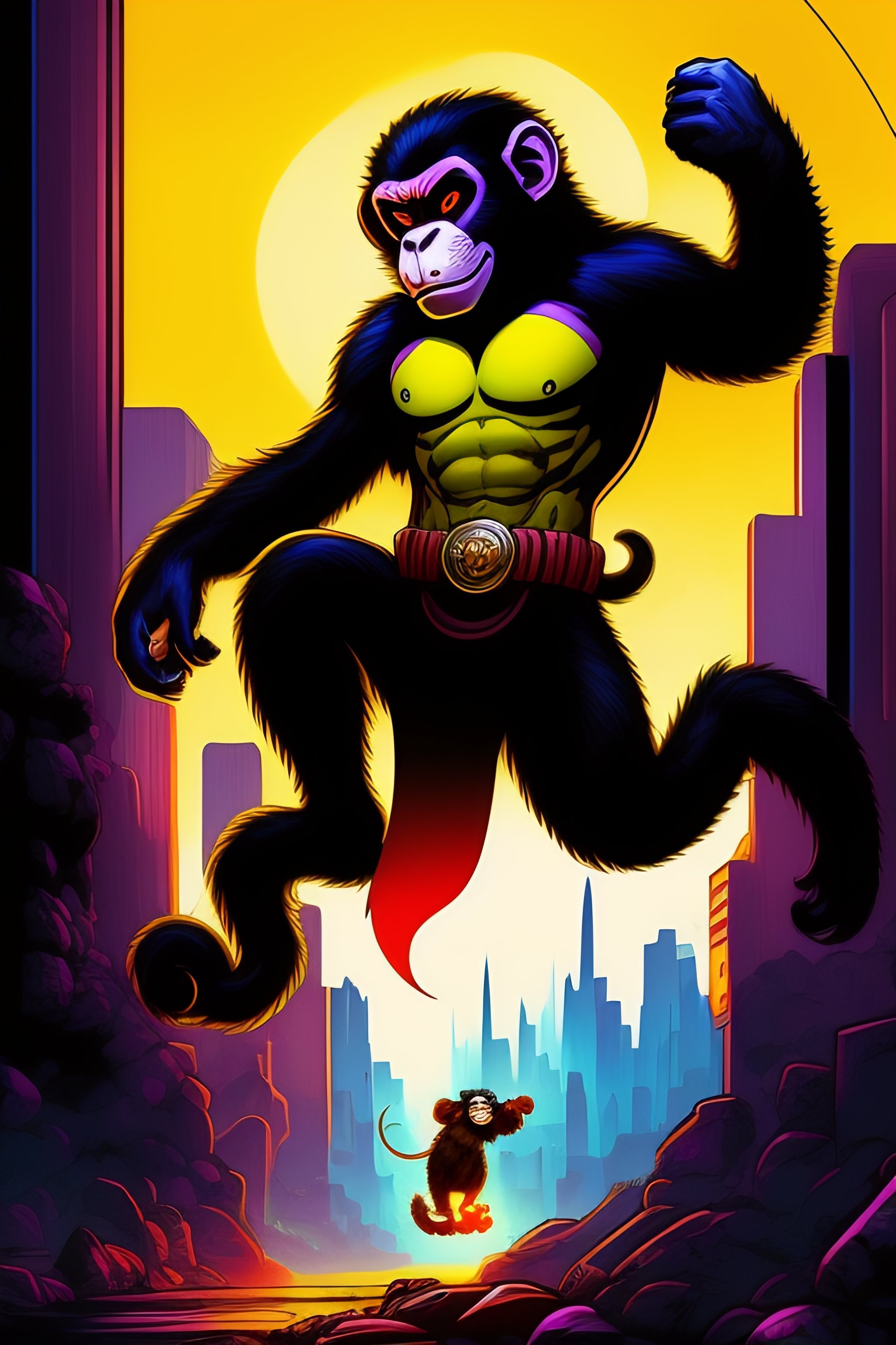 Lexica - Monkey surfing in a post apocalyptic world, comic book style, vibrant