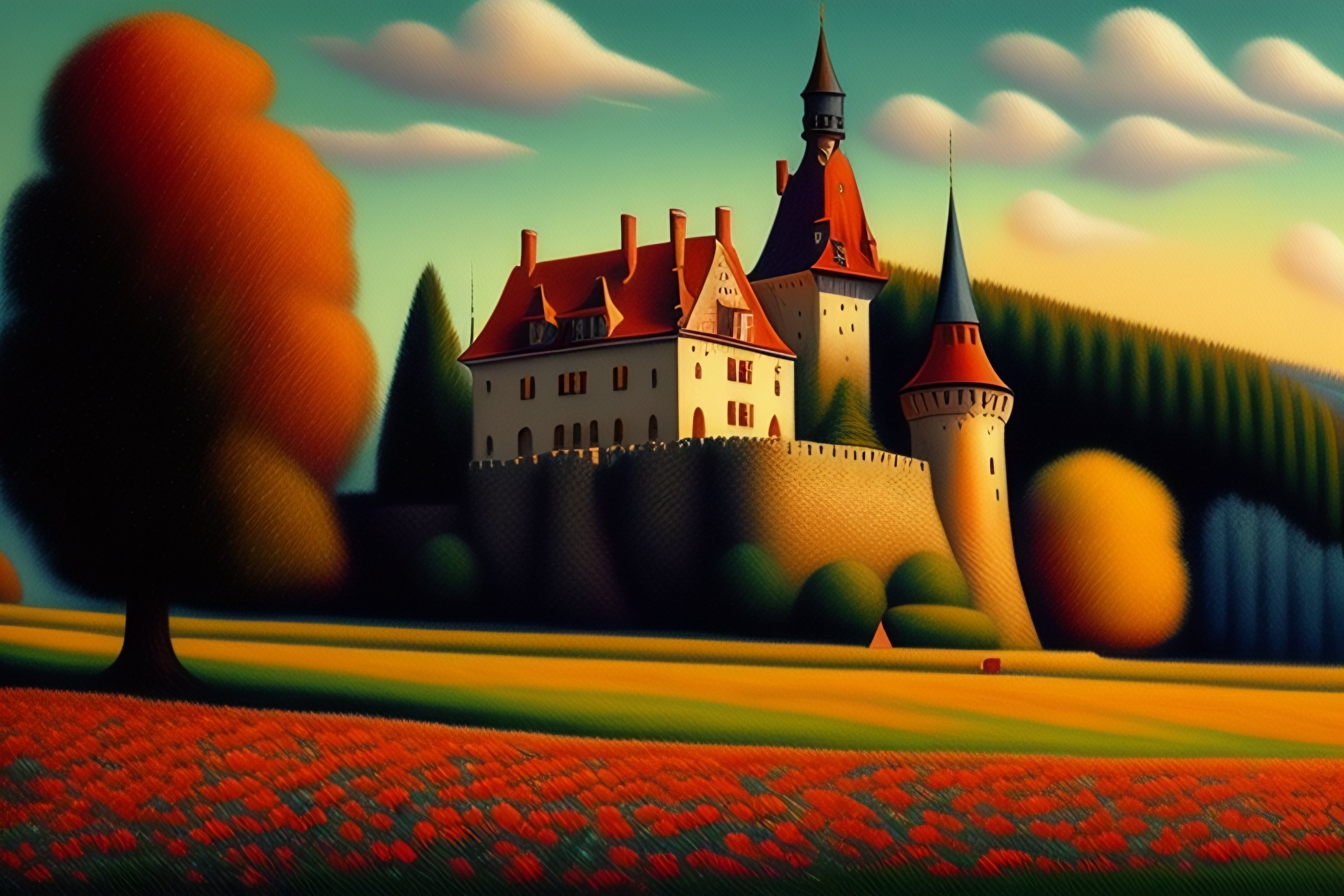 Lexica - Painting of a castle in transylvania, seurat