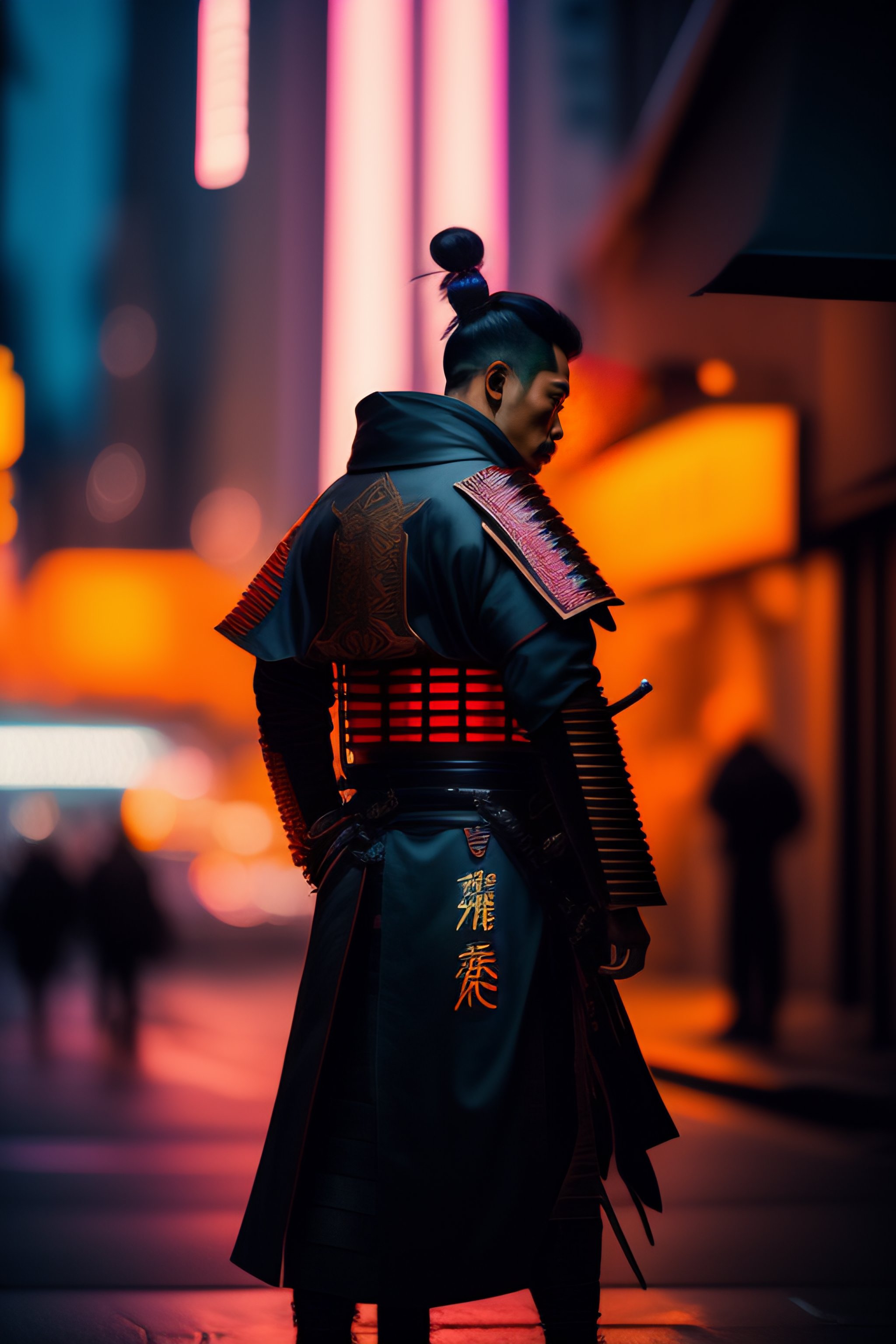 Lexica - Slow shutter speed photo of a cyberpunk samurai with neon ...