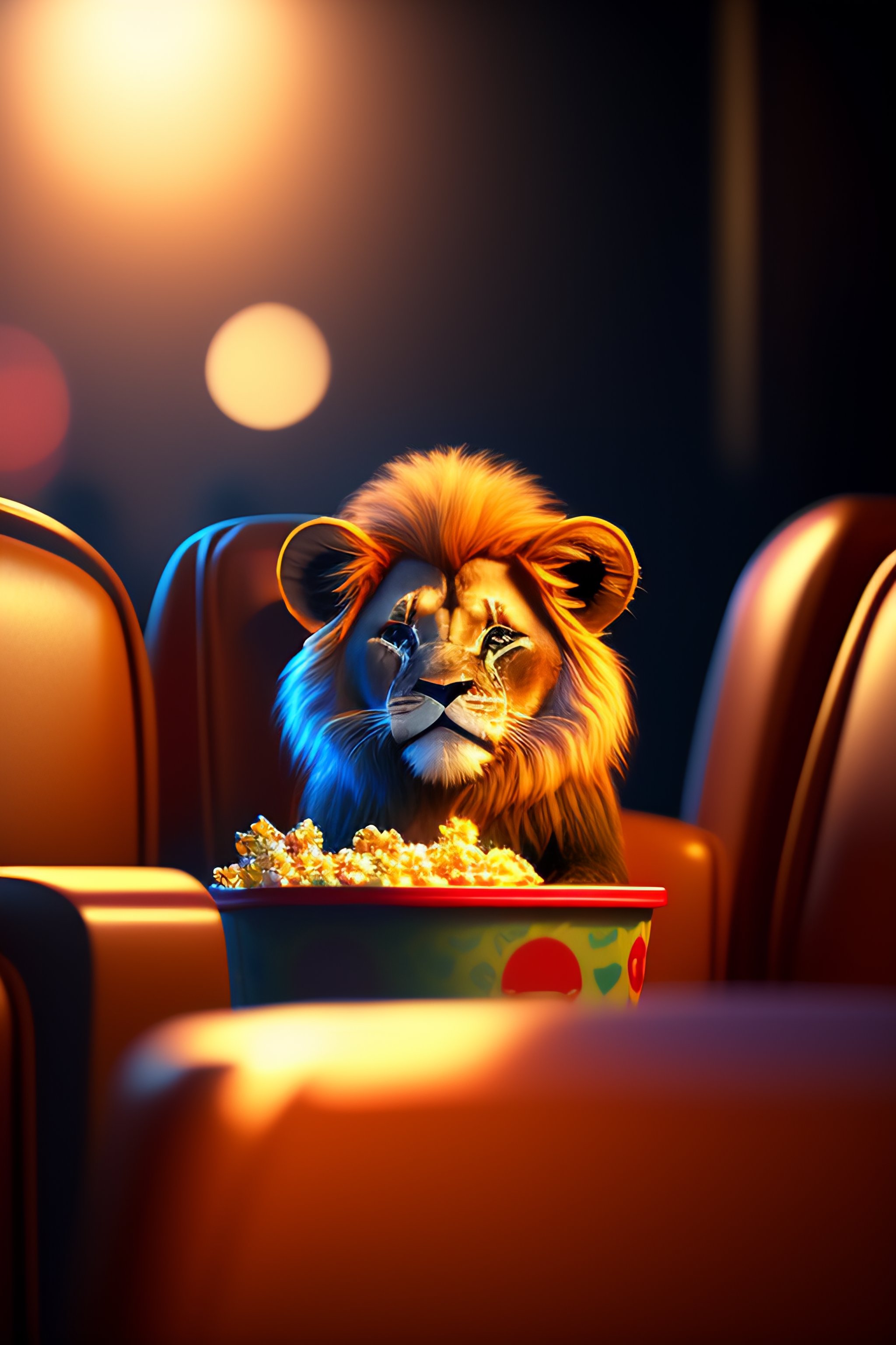 Lexica - Cute little humanoid lion sitting in a movie theater eating ...