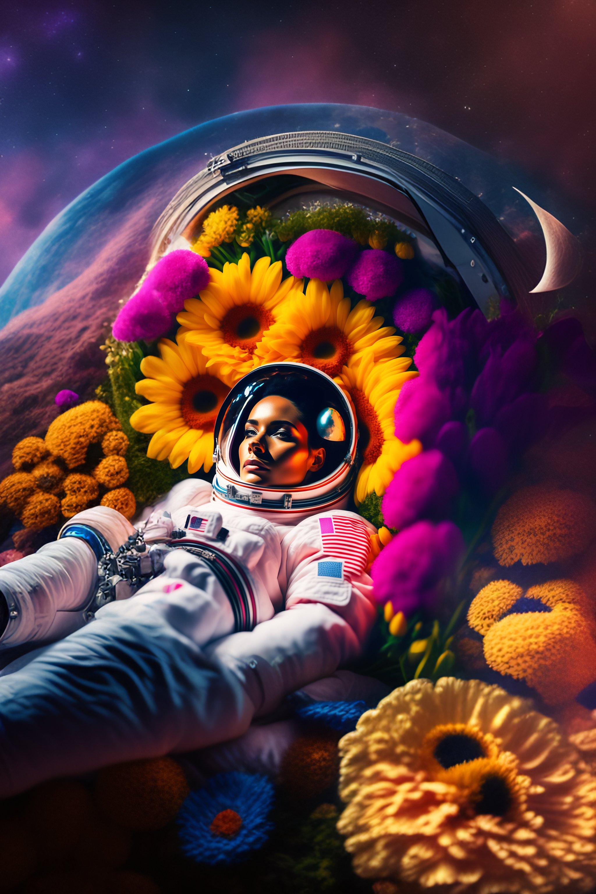 Lexica - An astronaut laying down in a bed of vibrant, colorful flowers ...