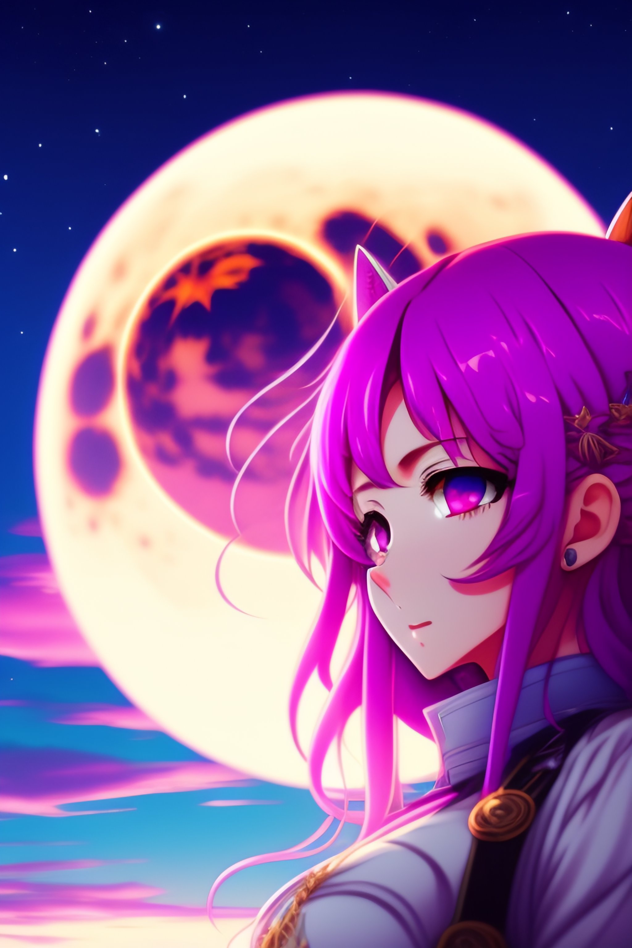 Lexica - Full moon, pink moon, anime, anime girl, long hair, view in ...