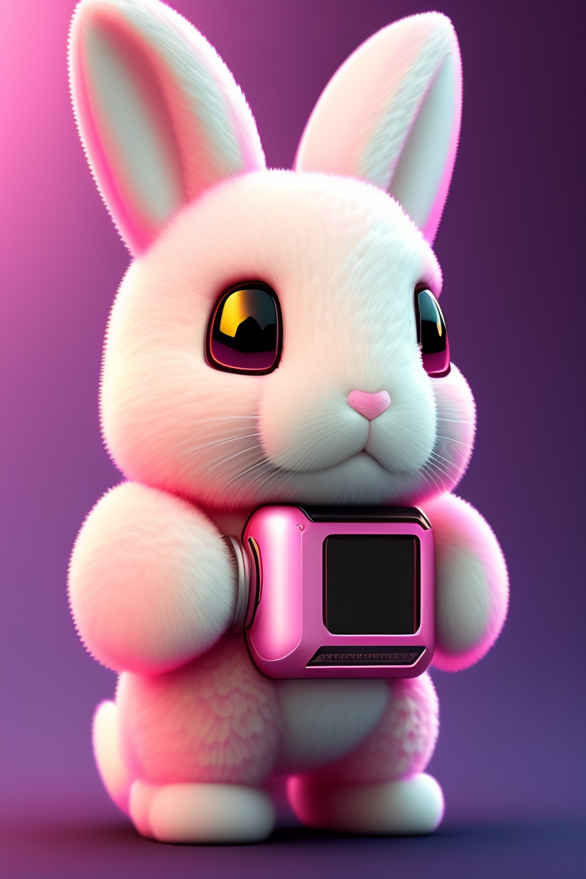 Lexica - Soft Pink Bunny robot working on a smartphone
