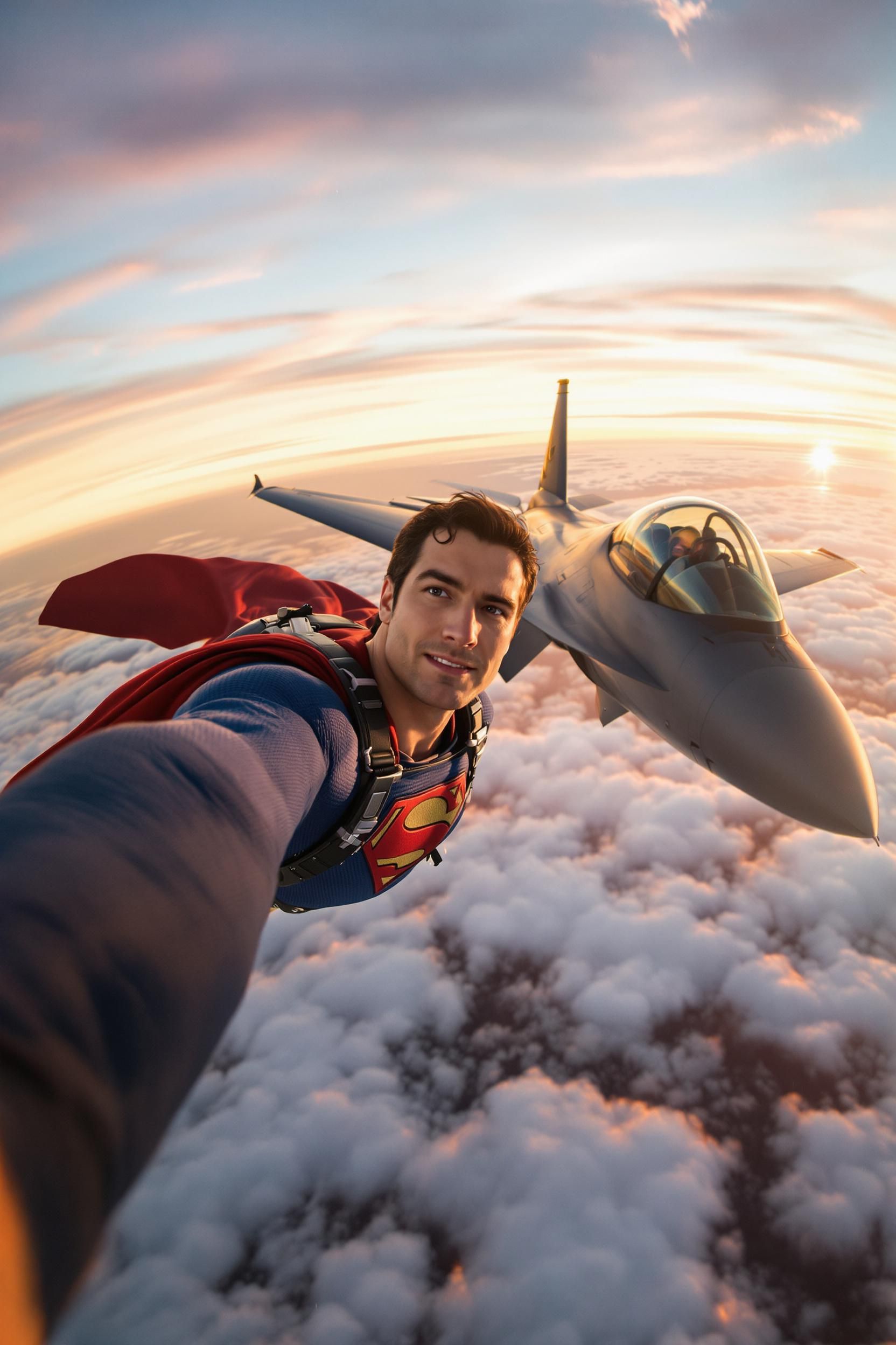 Lexica - Superman flying alongside a plane, this is a selfie, his arm ...