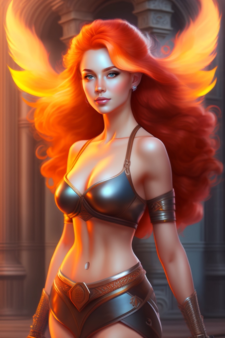 Lexica - Draw a full-length adult girl with fiery hair in daylight soft light, detailed 3d photo ...
