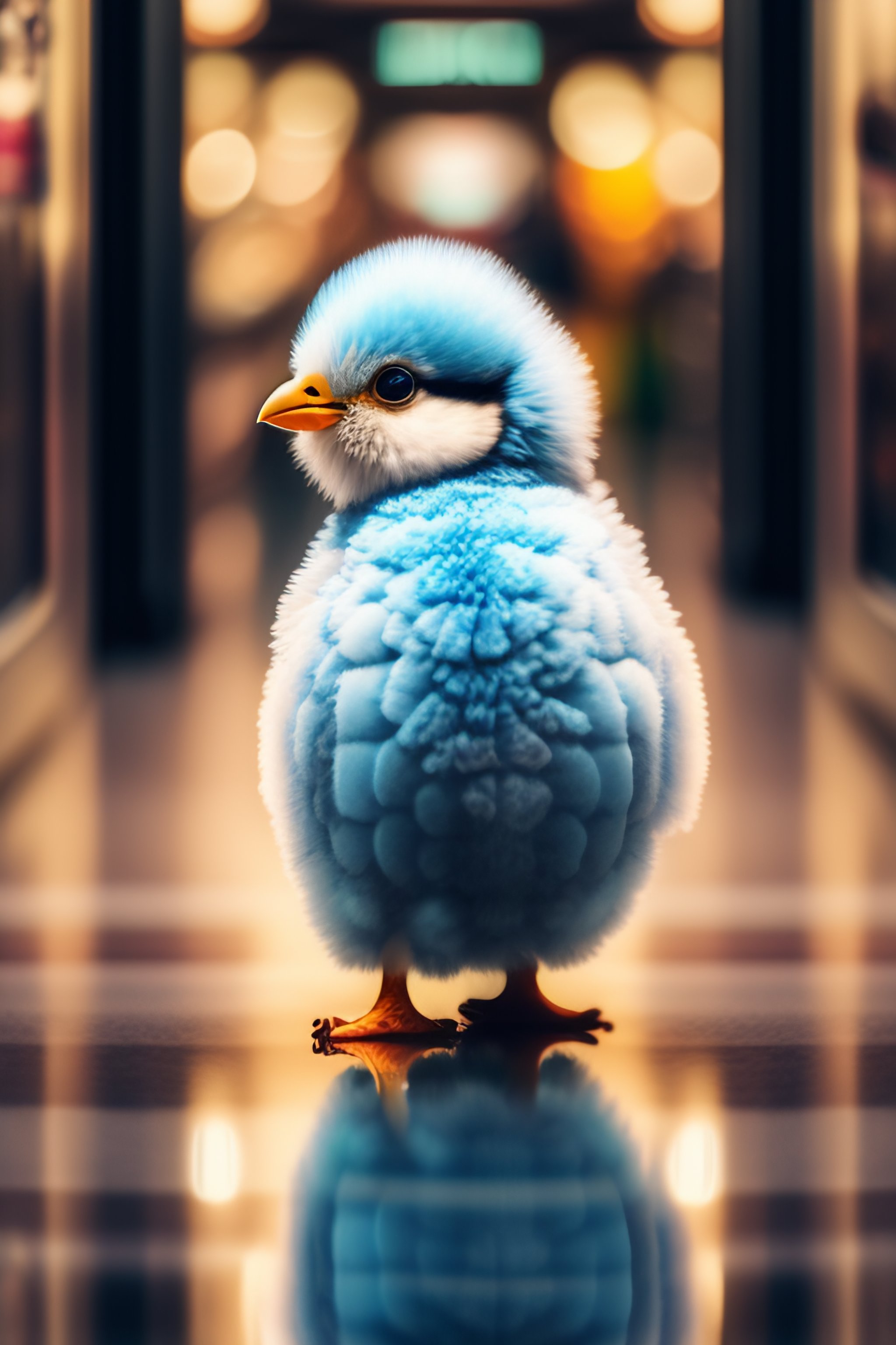Lexica - A small light blue chick animal walking through a mall aisle ...