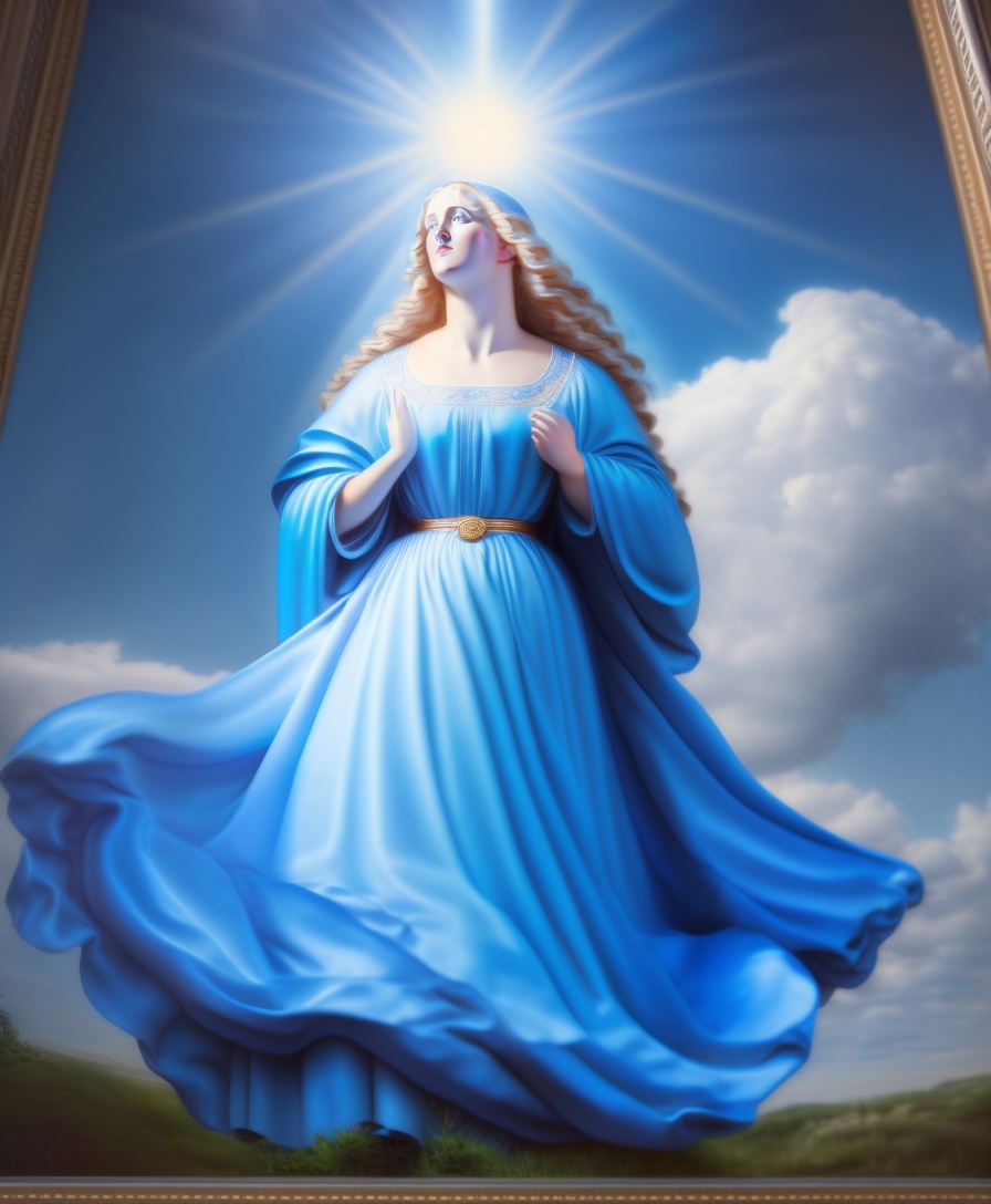 Lexica - The virgin mary in a blue dress looking at the sky, light, in ...