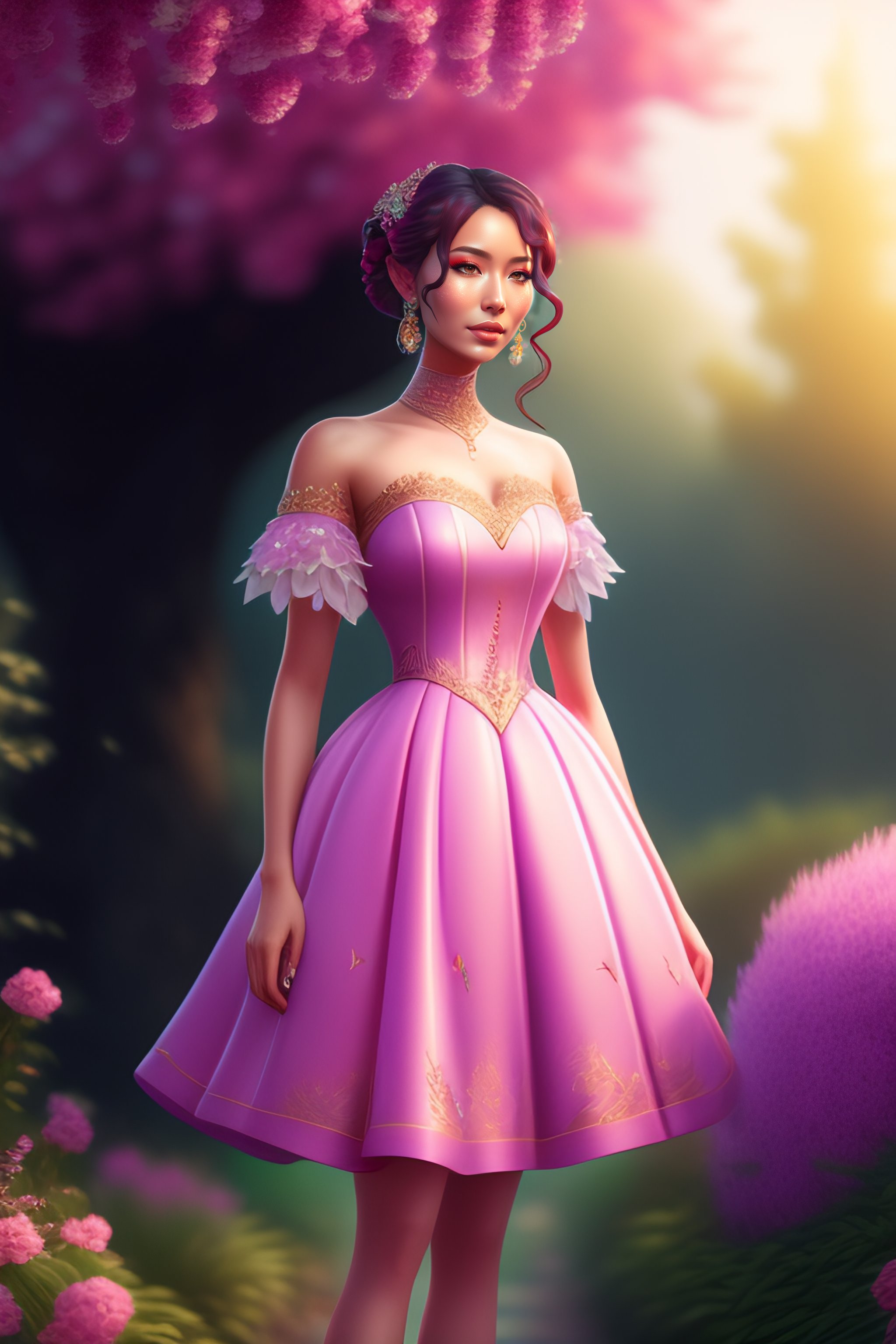 Lexica - A woman with makeup, in a pink dress, in a garden with cherry ...