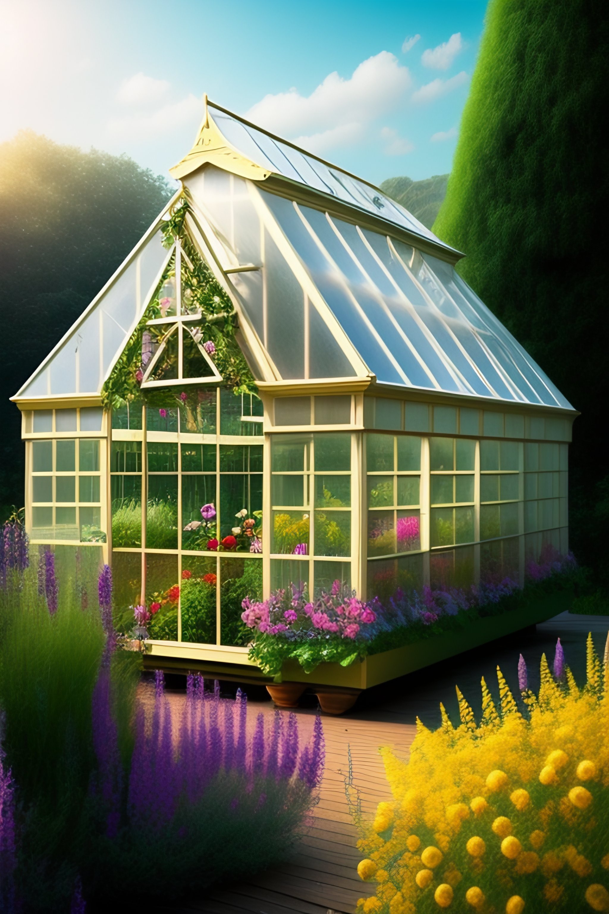 Lexica - A lush greenhouse, bees, flowers, beehive