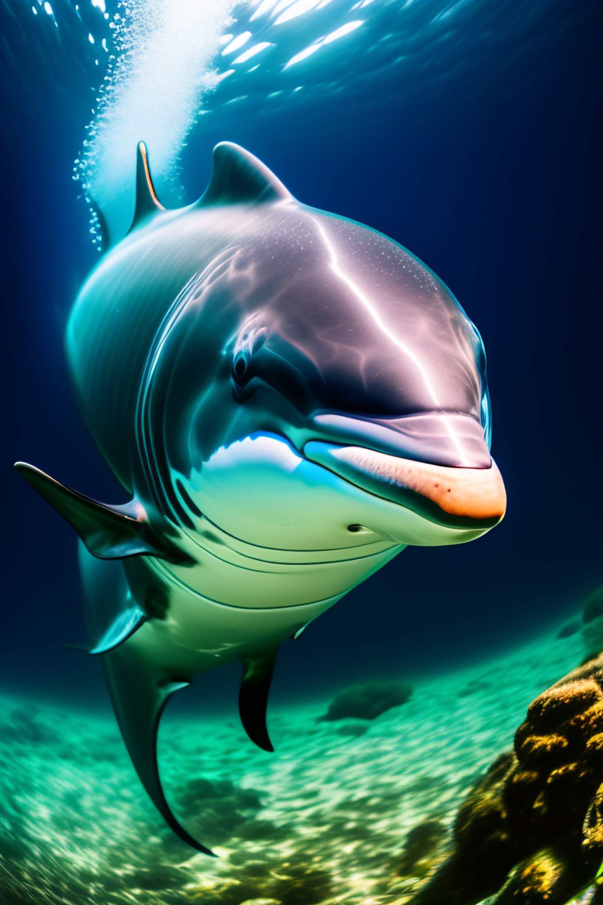 Lexica - Portrait of a dolphin, underwater photography, 10mm fisheye