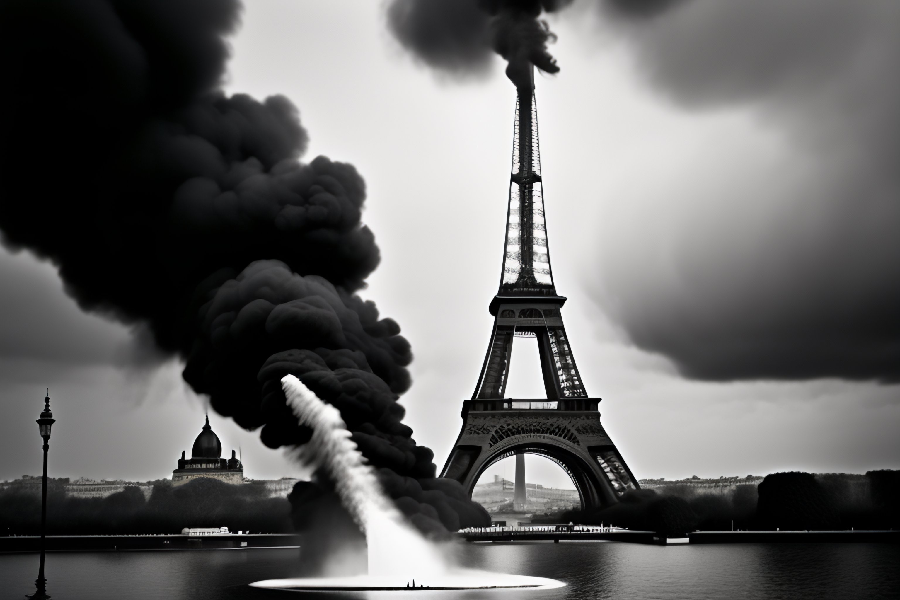 Lexica - Old black and white photo of the Eiffel tower being set on ...