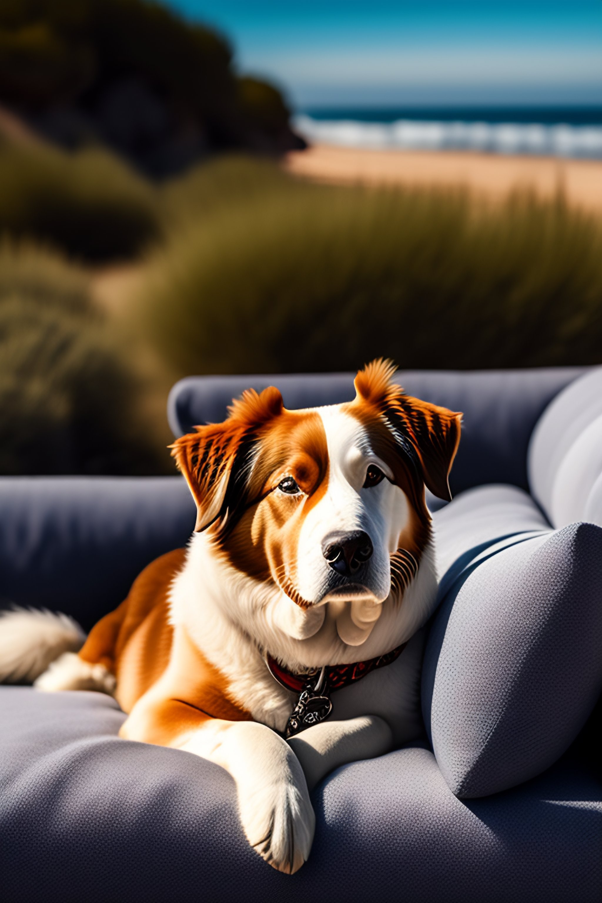Lexica - Belgian shaper dog in a sofa in costa brava beach