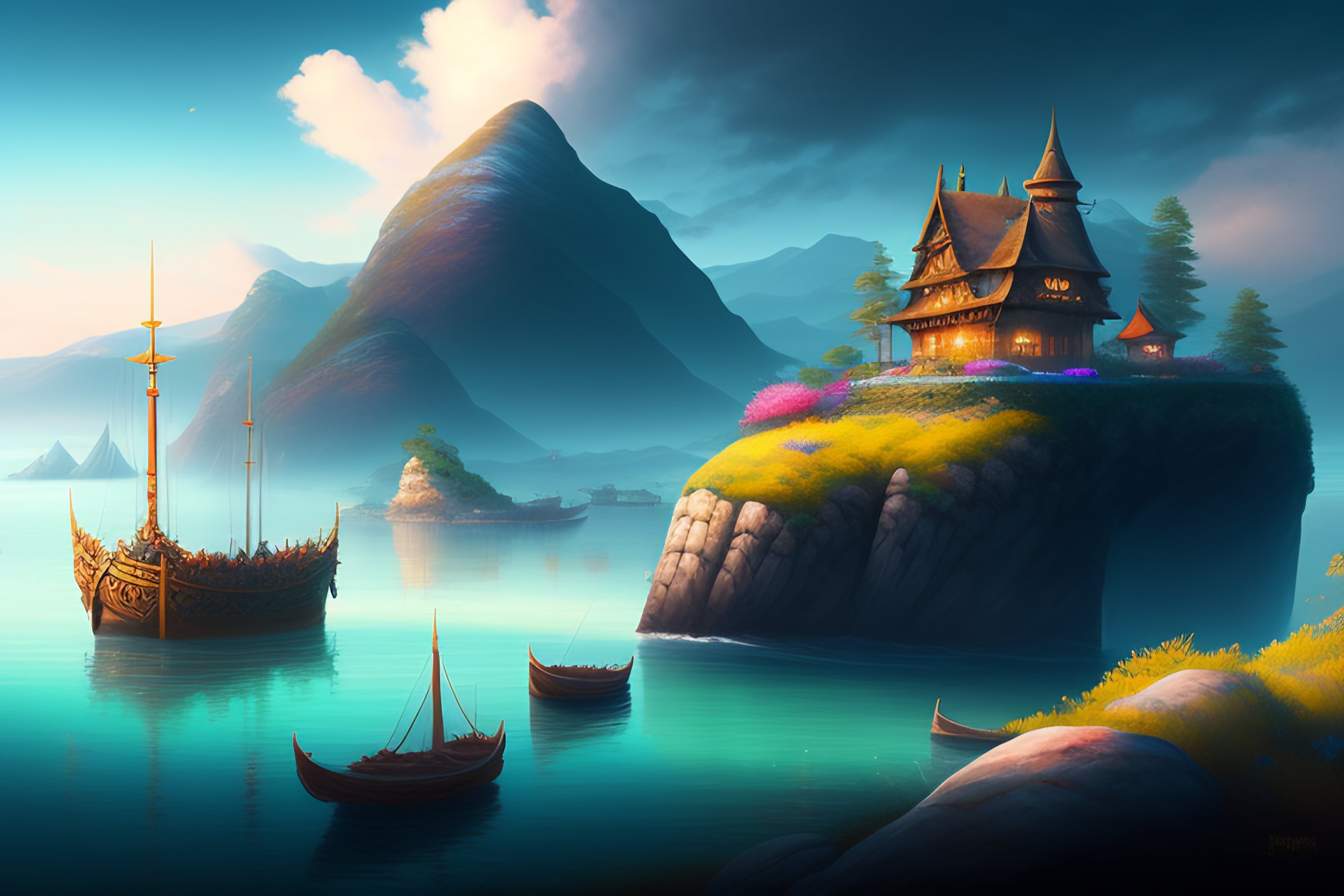 Lexica - Digital art of a beautiful vibrant medieval fantasy coastal ...