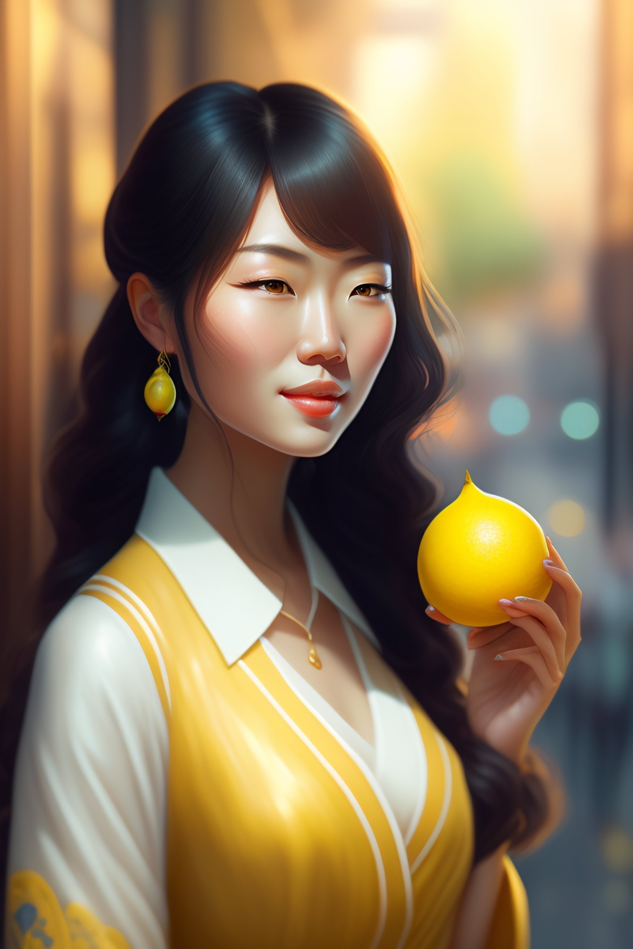 Lexica - Japanese woman holding a small lemon, lemons everywhere, highly detailed, digital ...
