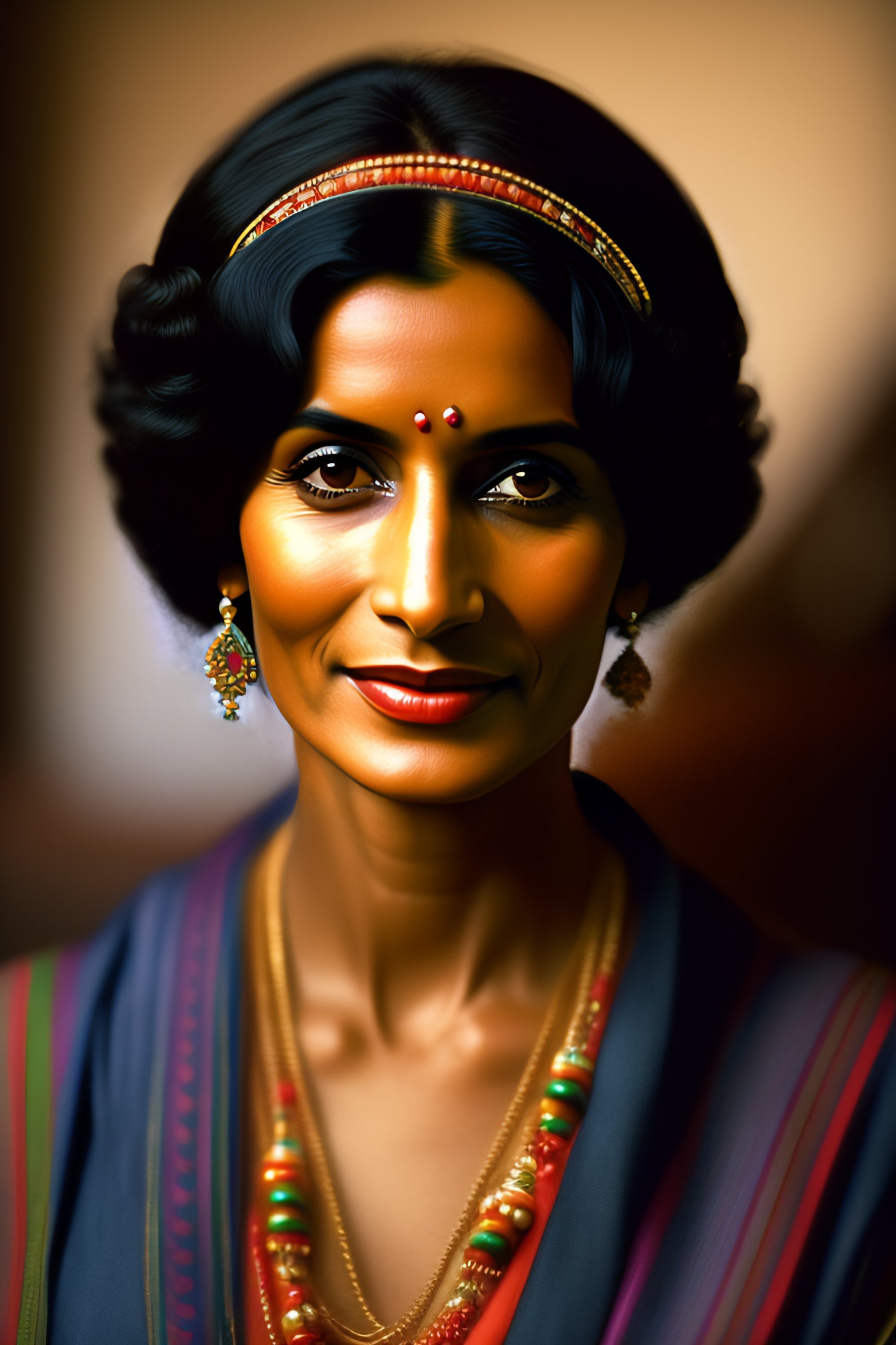 Lexica - Anglo-Indian woman in early 30s, short black hair, dressed as ...