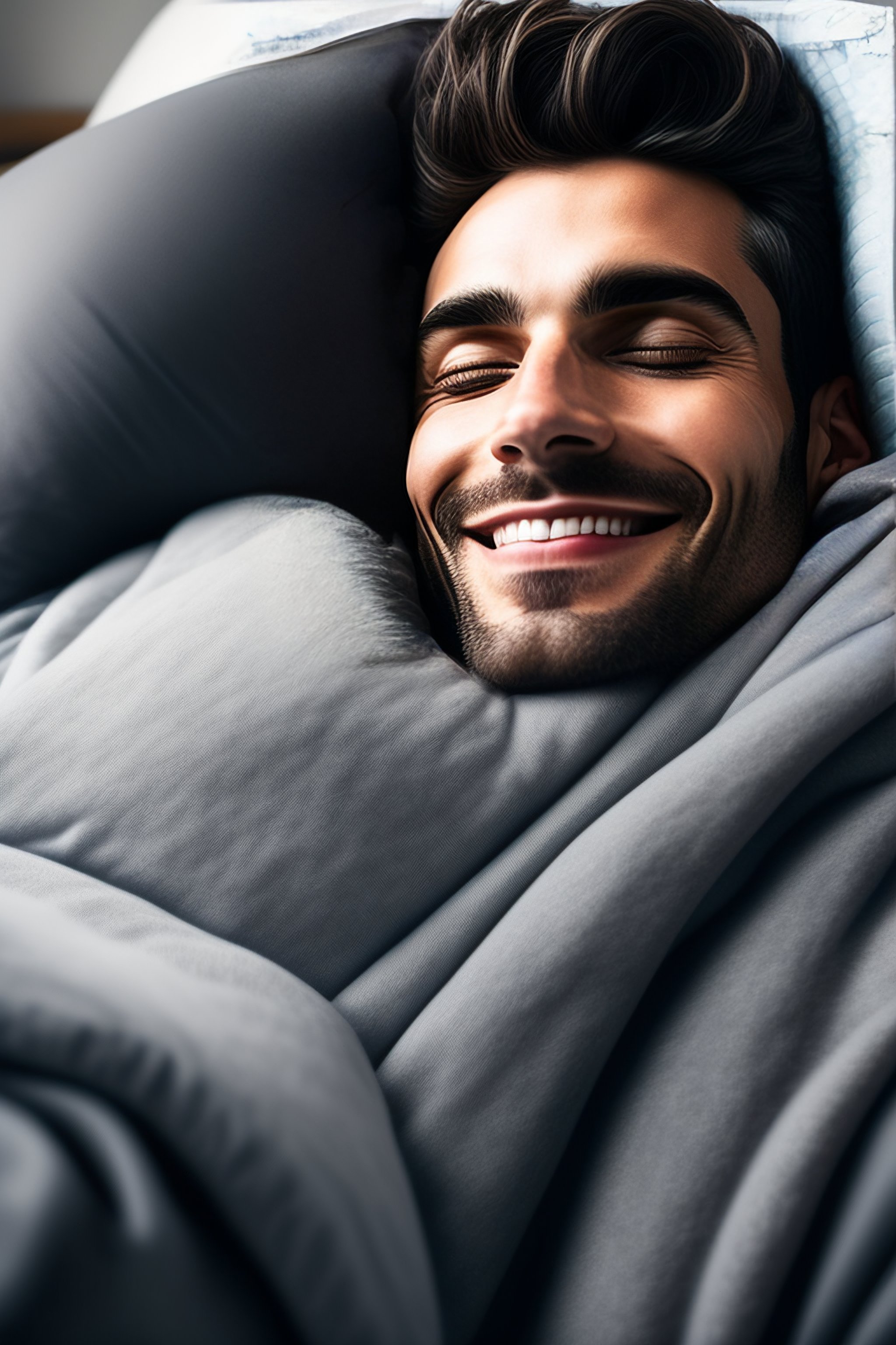 Lexica - Happy man who is sleeping deeply with an amazing gray blanket ...
