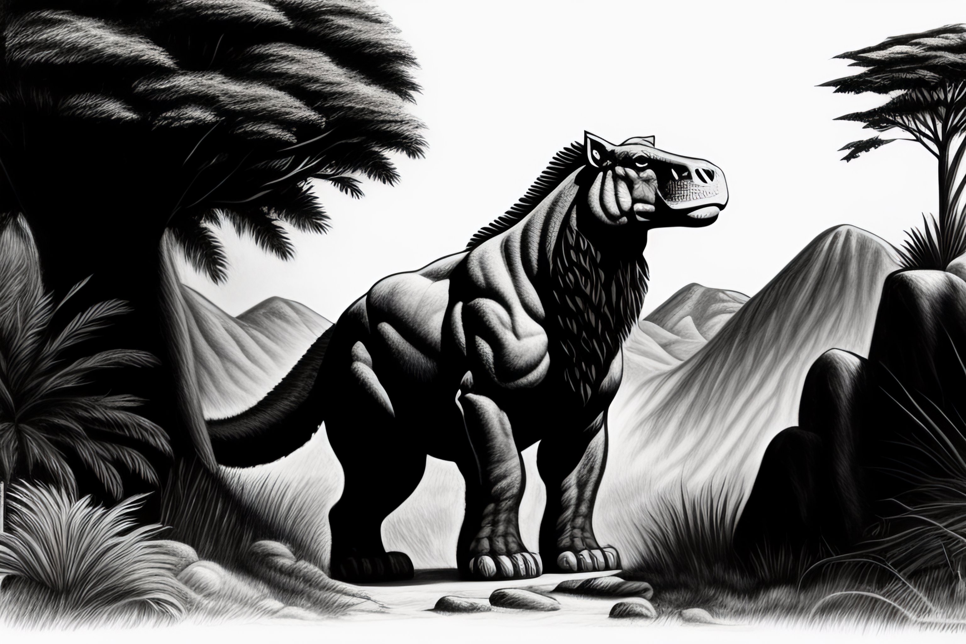 Lexica - Landscape drawing of a muscular caveman with a spear standing ...