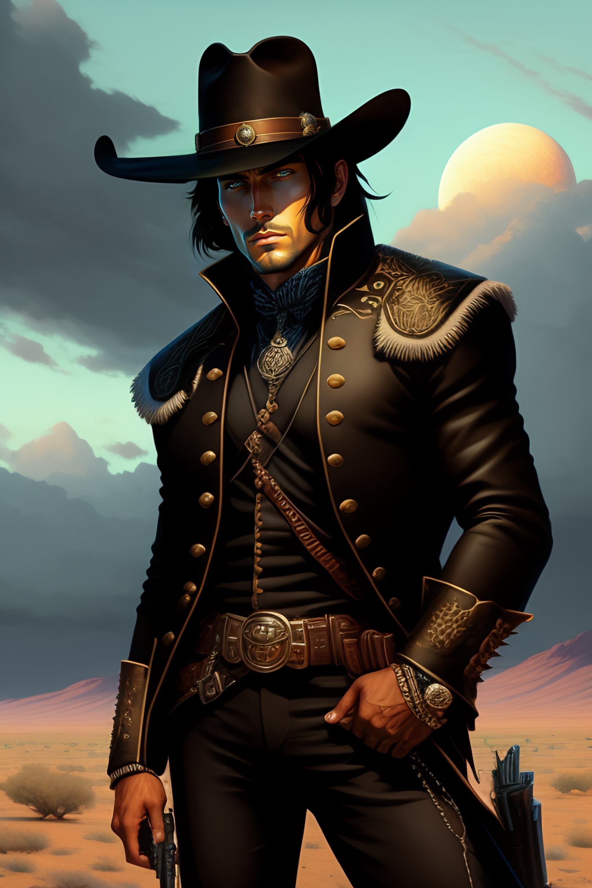 Lexica - Wild west portrait of a gunslinger man in black duster with a ...