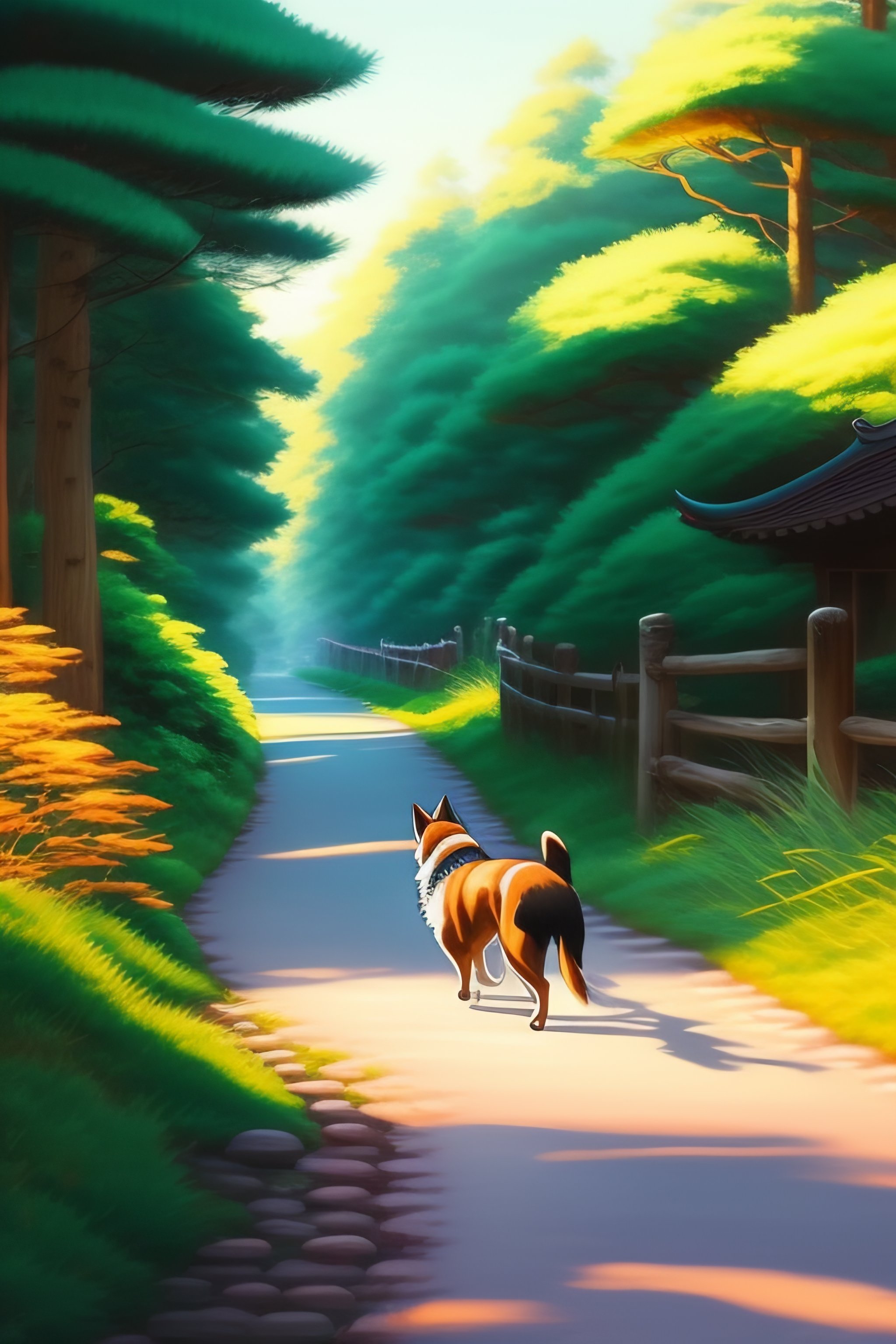 Lexica - 2 dogs running down a foot path in rural japan, in anime style