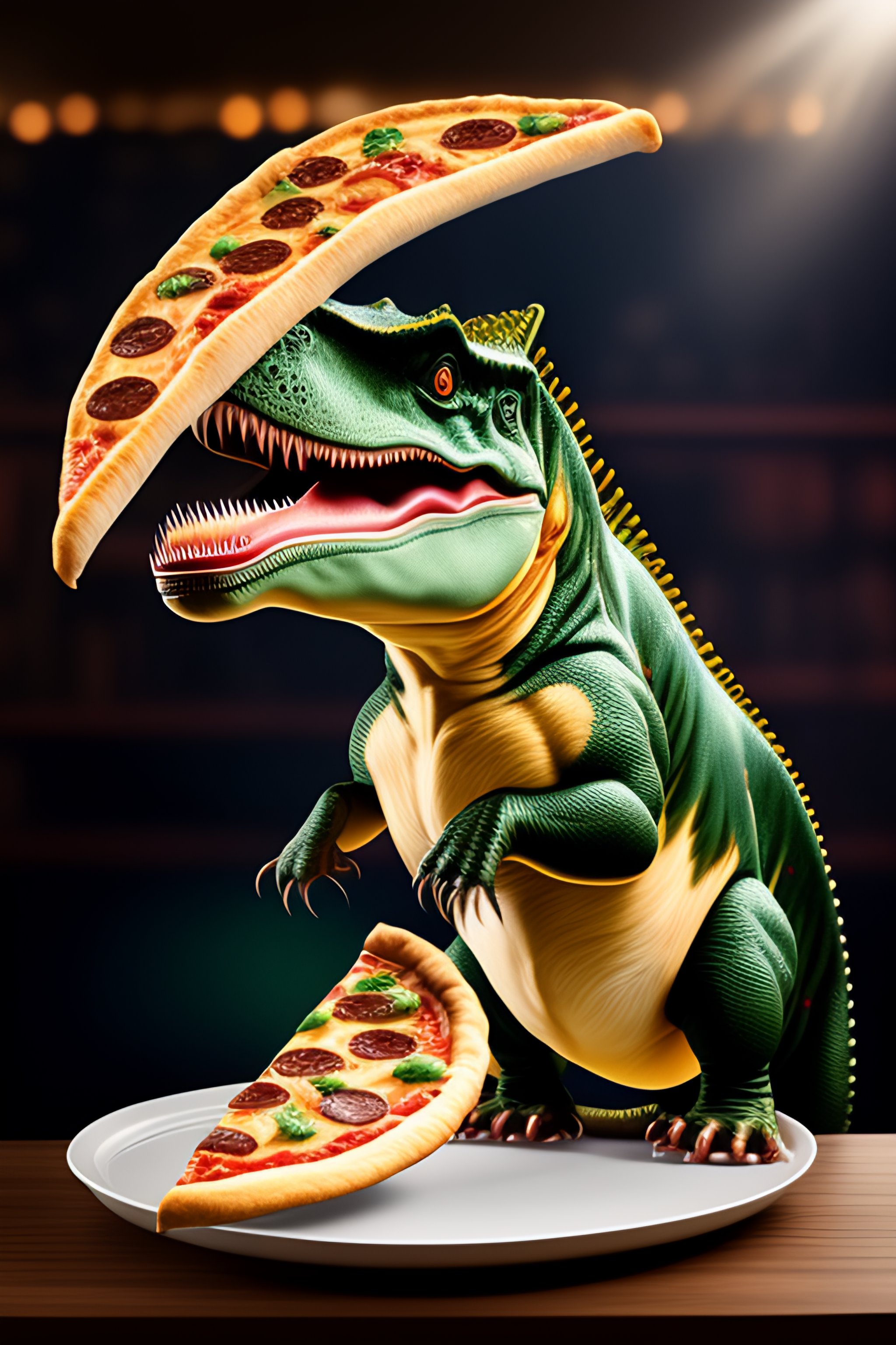 Lexica - Realistic t-rex with a pizza in its mouth