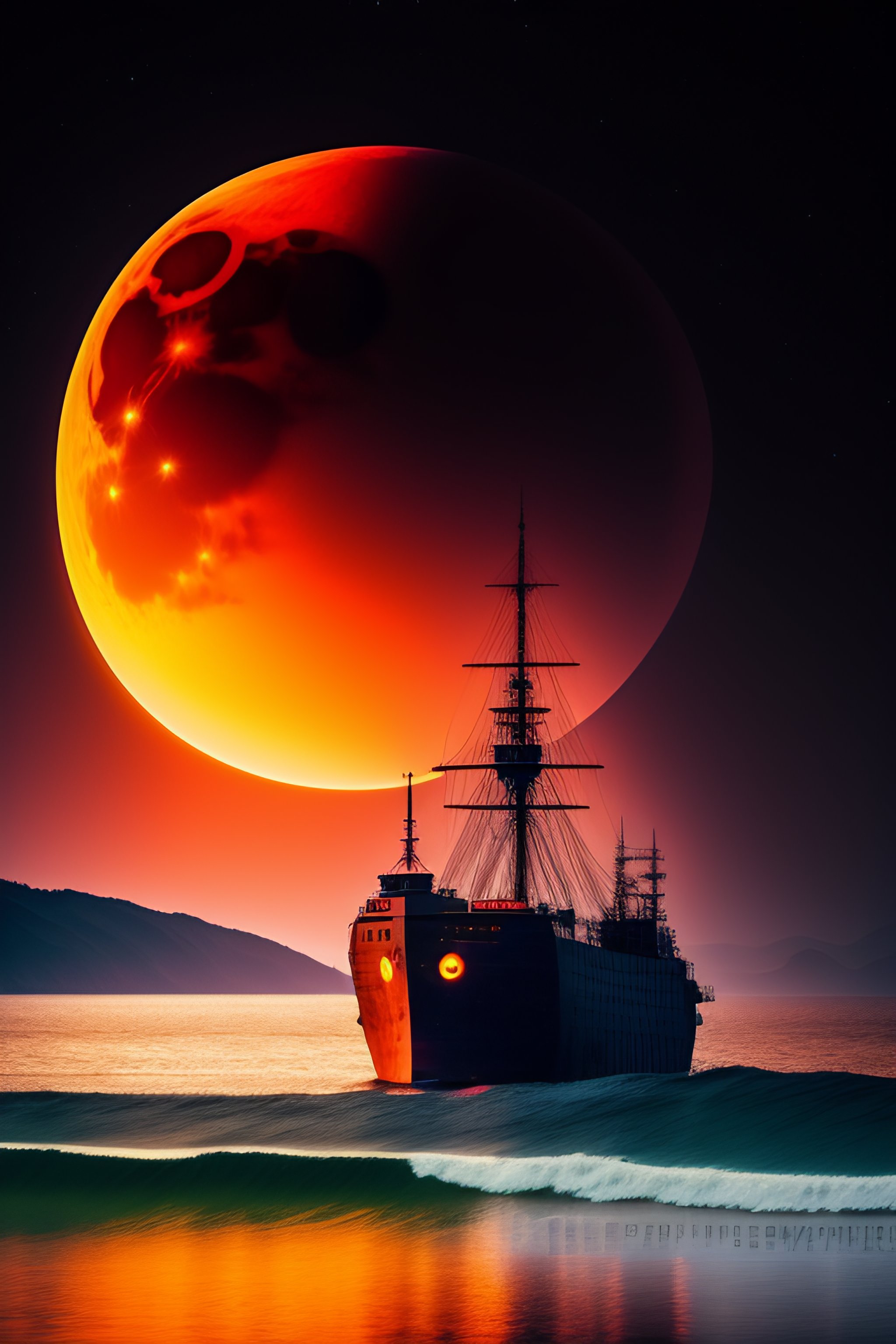 Lexica - Ghost ship on a rough, black sea with a red sun and an almost ...